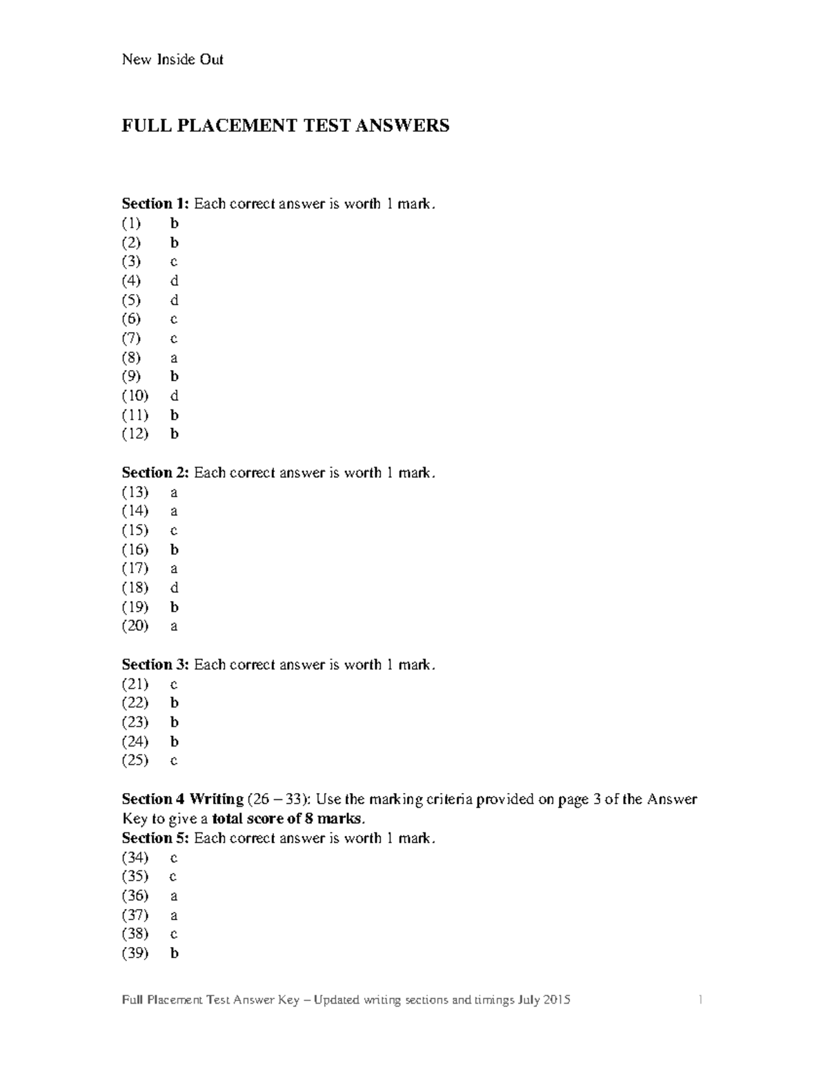 اجابات الاختبار - SHTS - Full Placement Test Answer Key - Studocu
