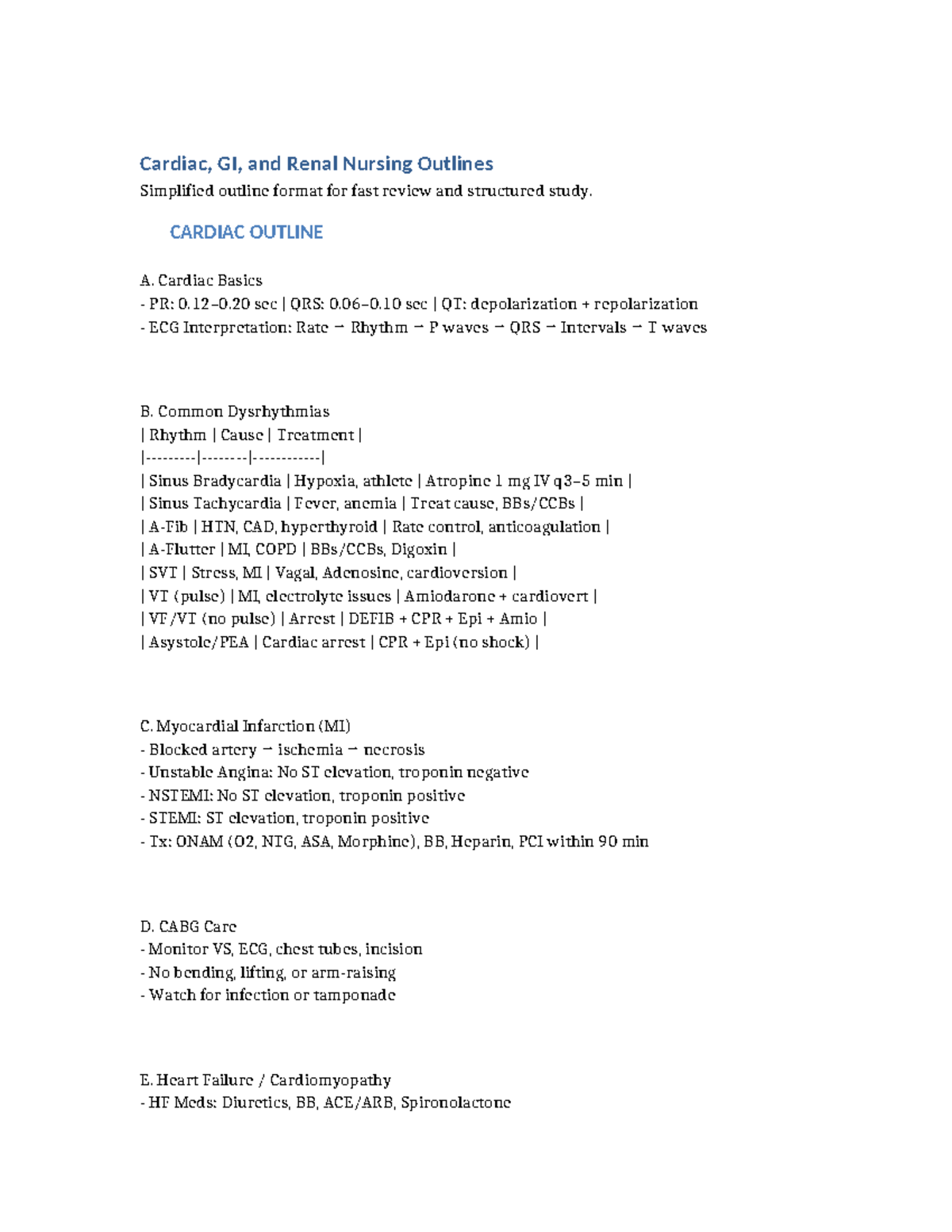 Cardiac, GI, and Renal Nursing Study Outlines for Quick Review - Studocu