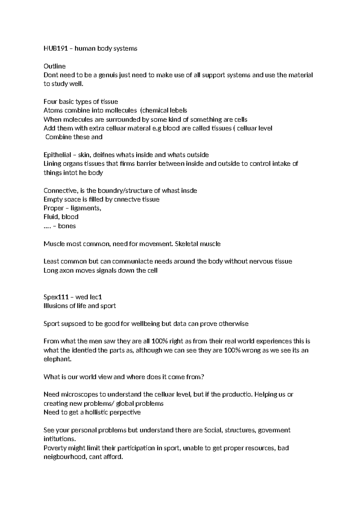 HUB191 - Lecture Notes on Human Body Systems and Sports Significance ...