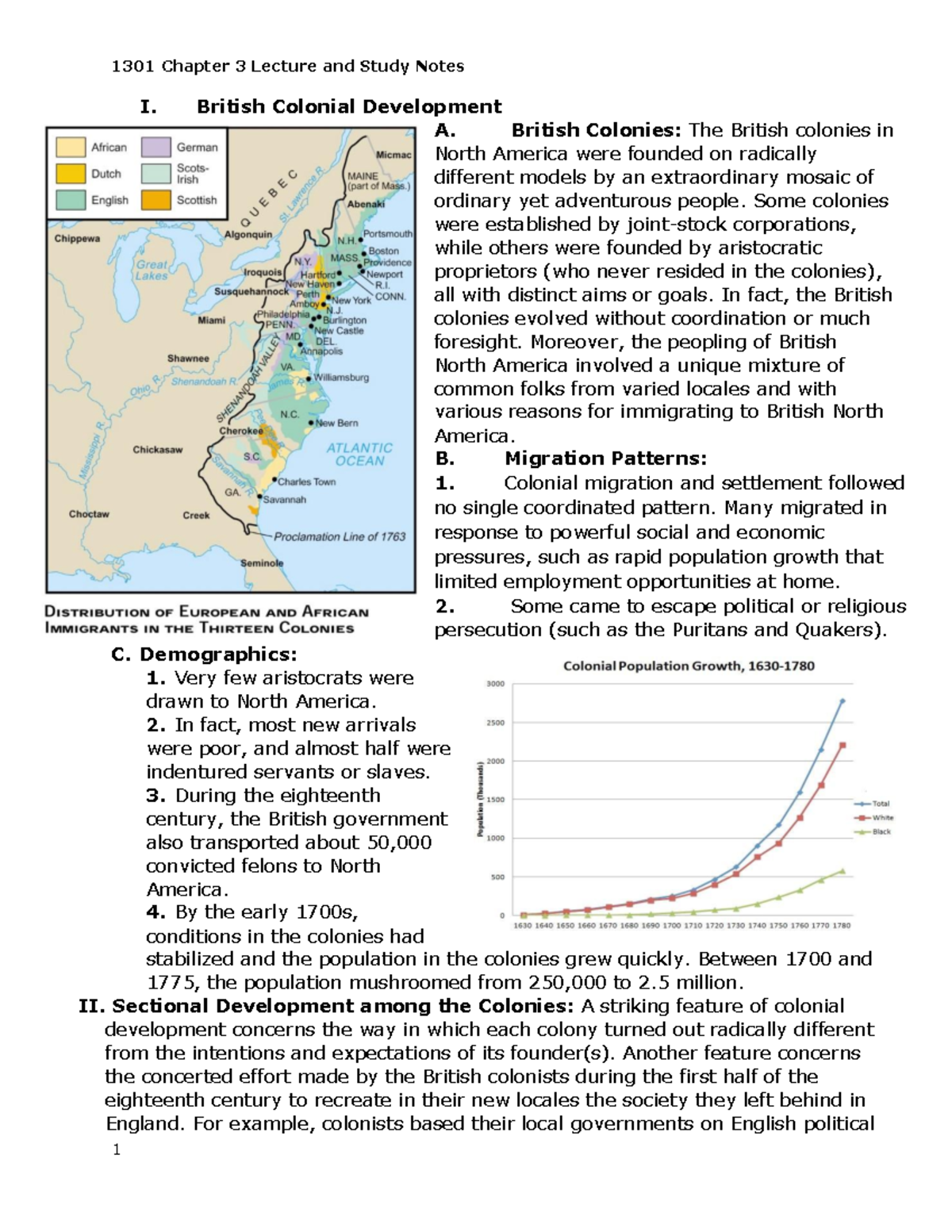 1301 Chapter 3 Lecture Notes: British Colonial Development & Great ...