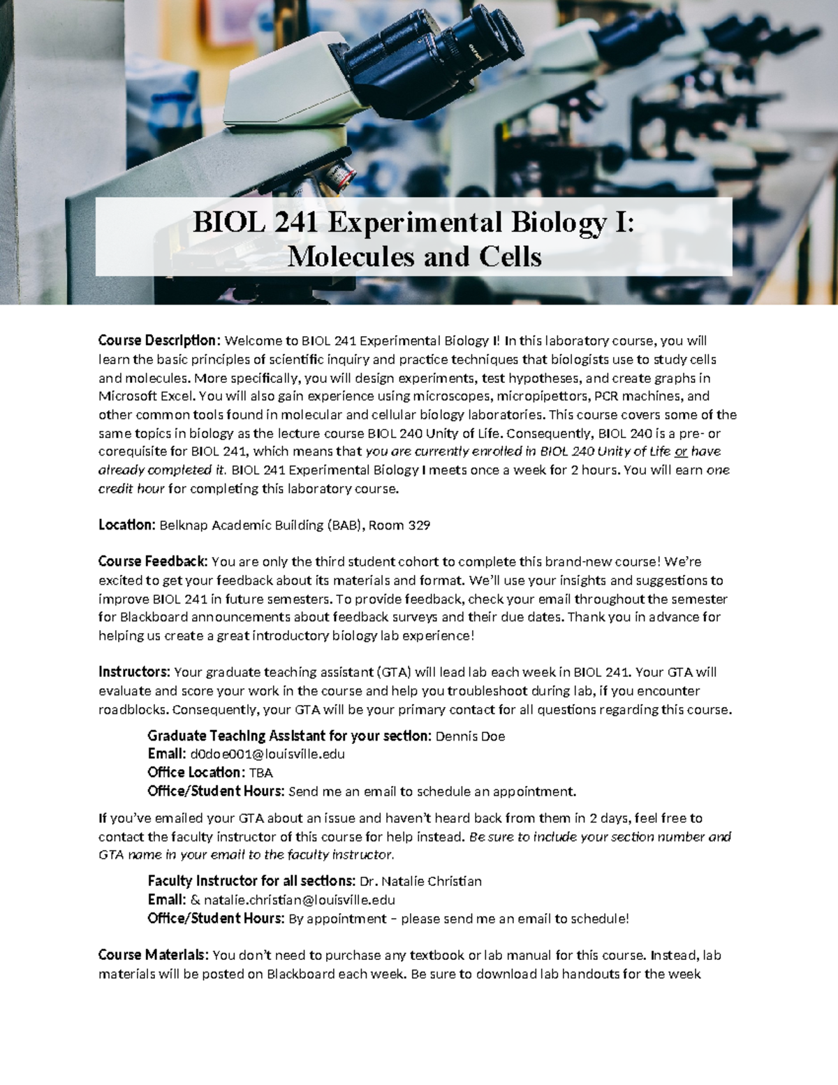 BIOL 241 Syllabus: Experimental Biology I - Molecules & Cells - Studocu