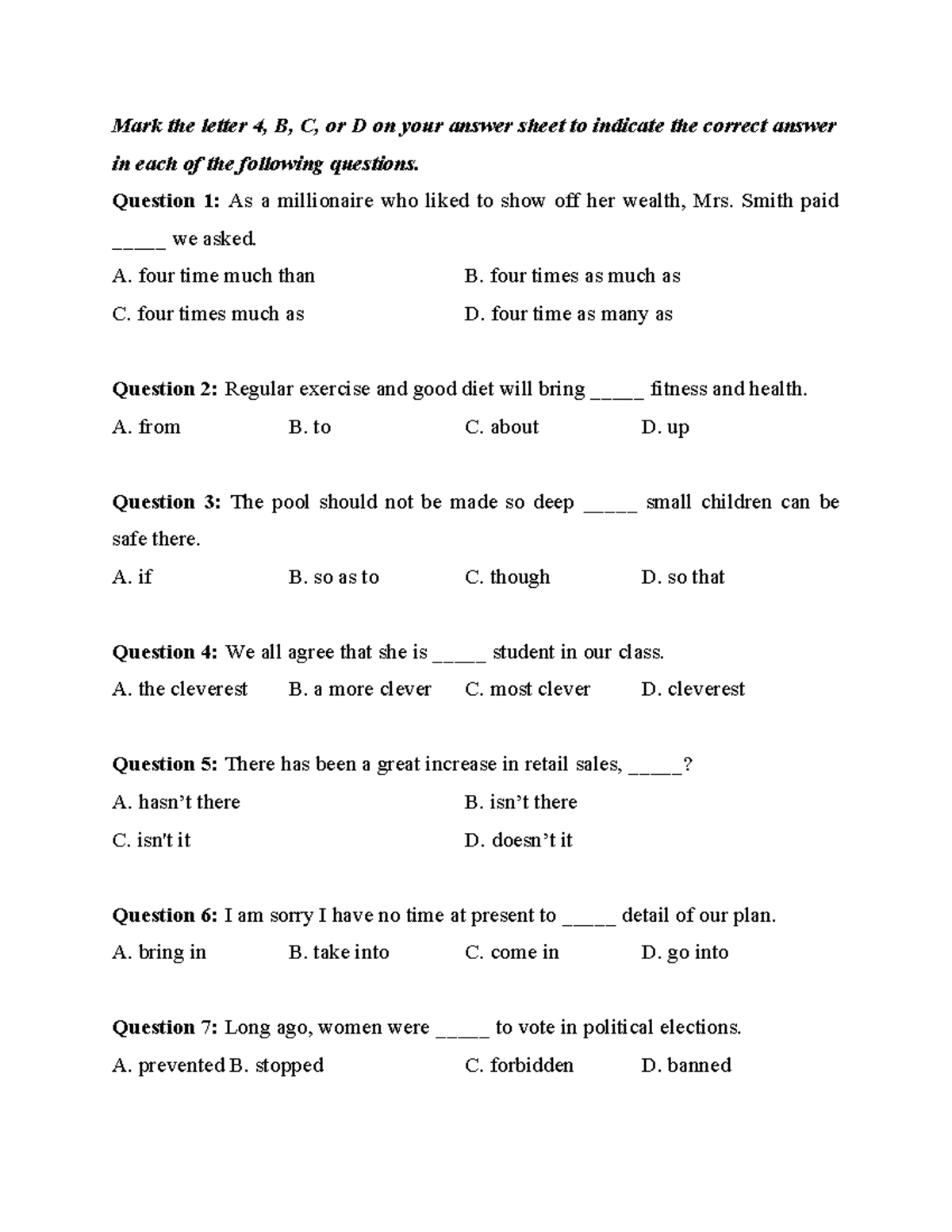 Test 4 - Multiple Choice Questions and Reading Comprehension - Studocu