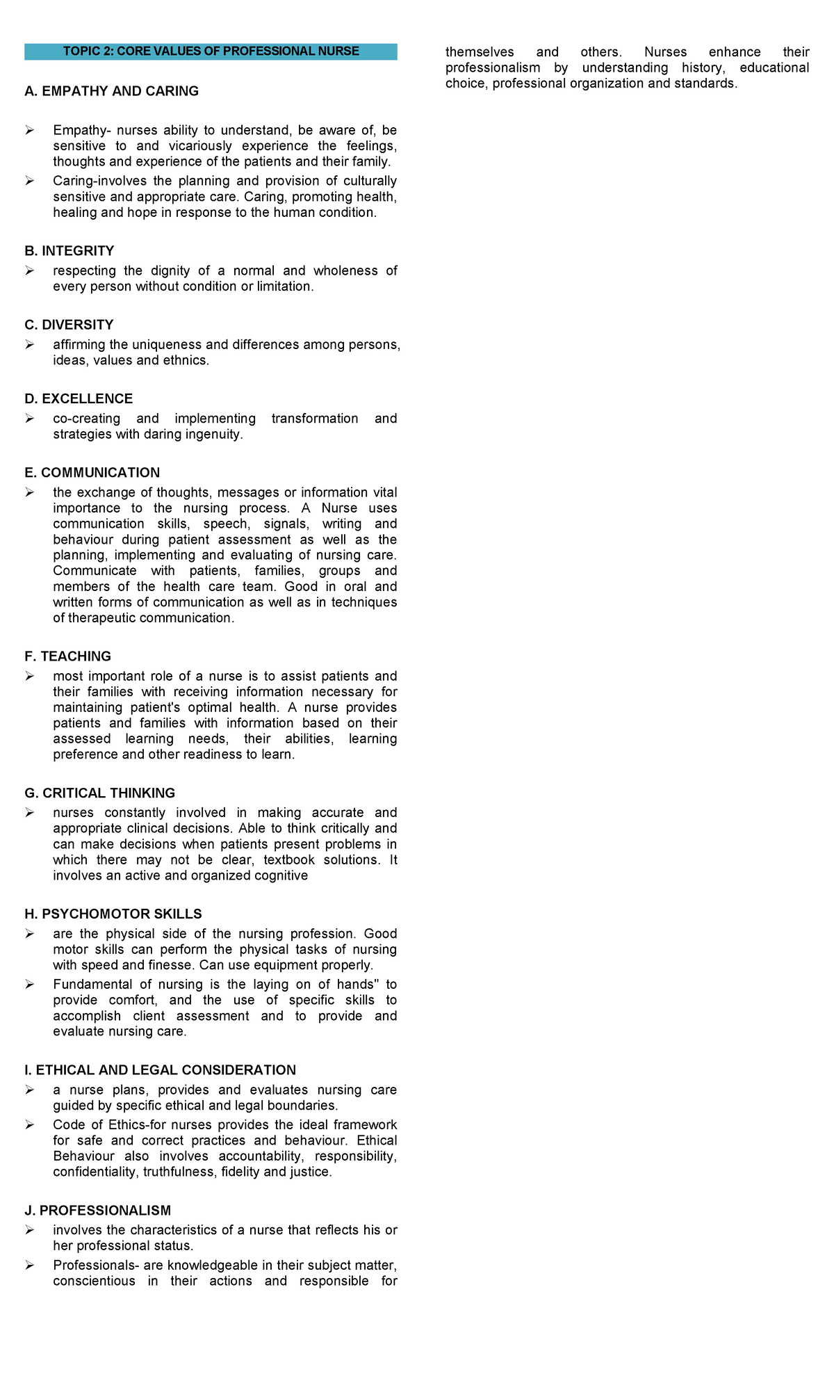 CORE VALUES OF PROFESSIONAL NURSE (NURS 101) - Studocu