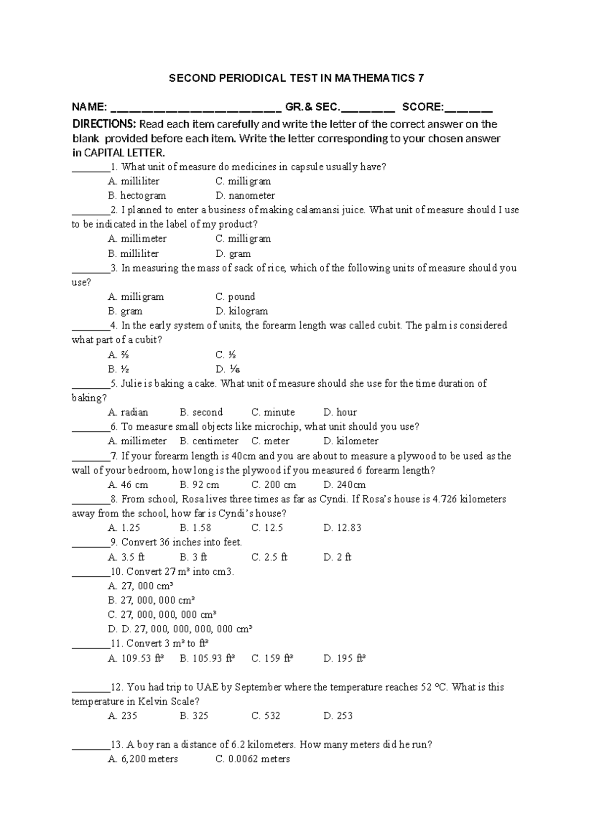 Summative Test of Mathematics 7 Quarter 3 - SECOND PERIODICAL TEST IN ...