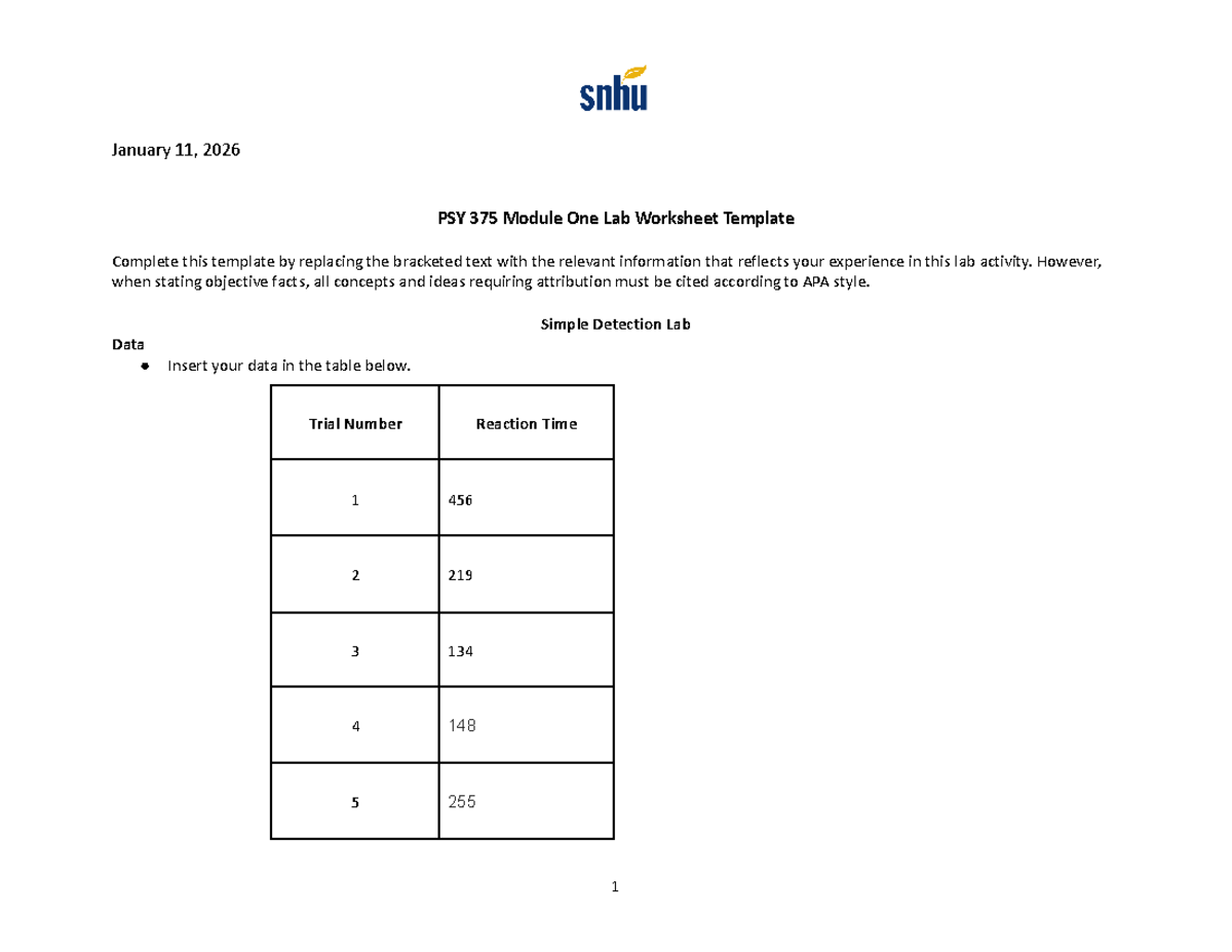 PSY 375 Module One Lab Worksheet: Data & Analysis Insights - Studocu