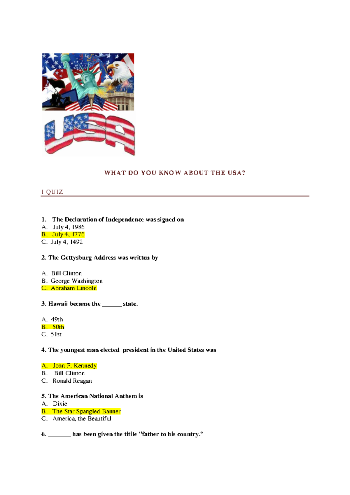 USA - Quiz on American History and Culture for Anh Mỹ Students - Studocu