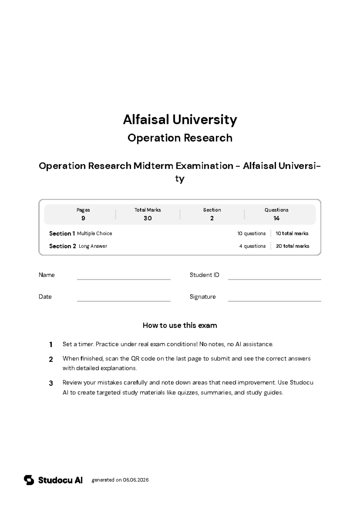 Operation Research Midterm Exam - Alfaisal University - Studocu