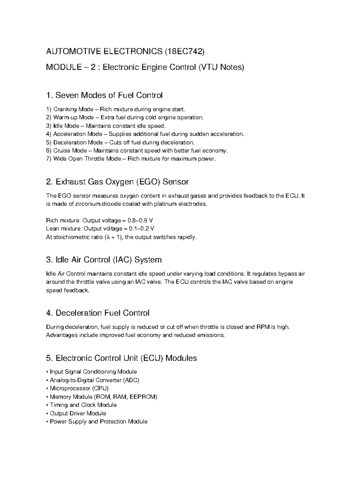 Automotive Electronics (18EC742) Module 2: Engine Control Notes - Studocu