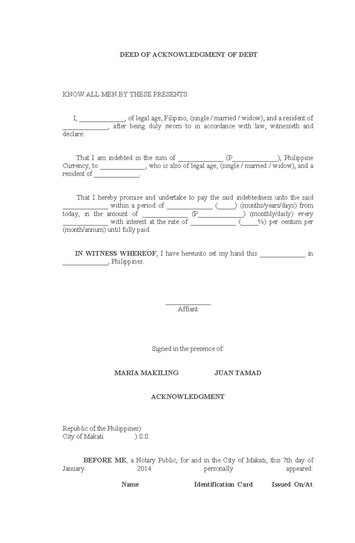 DEED OF ACKNOWLEDGMENT OF DEBT: LEGAL TEMPLATE FOR LOANS - Studocu
