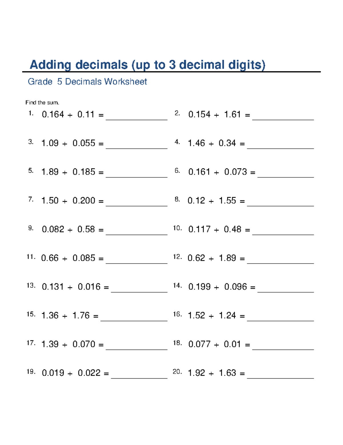 Grade 5 Decimals Test Practice Worksheet - Studocu