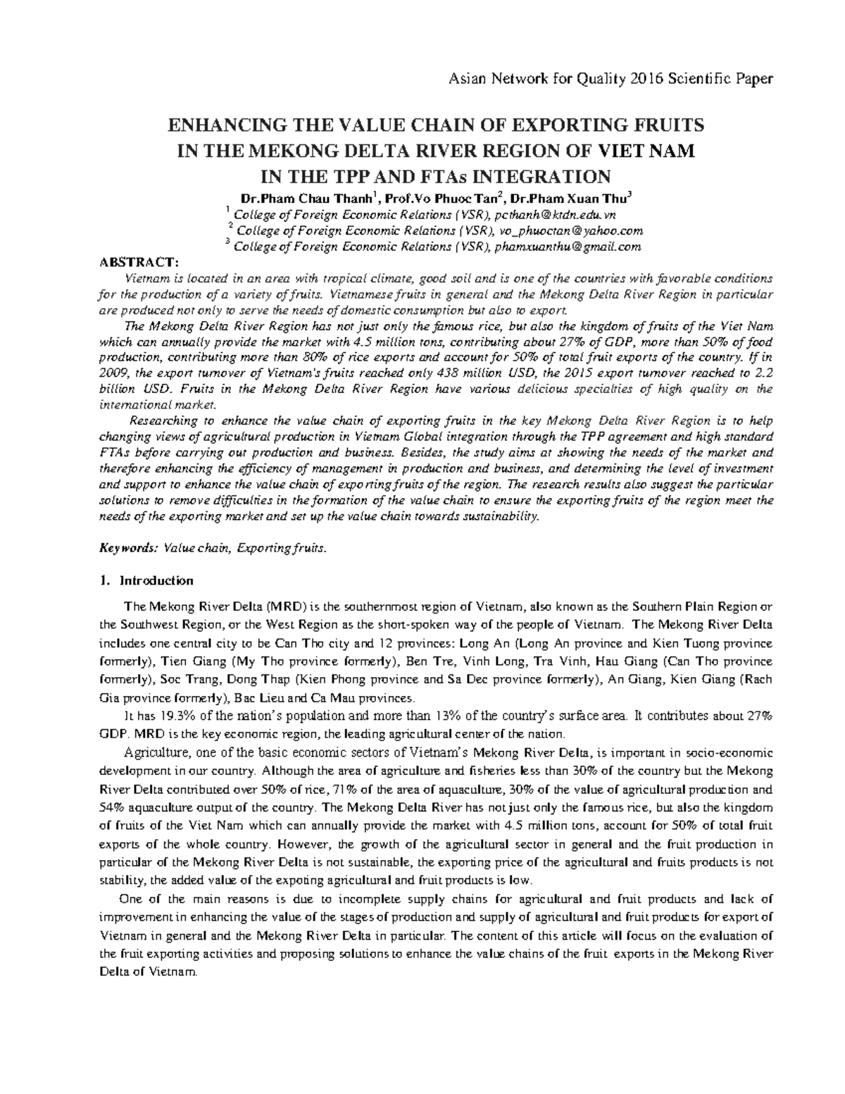 Enhancing the Value Chain of Fruit Exports in the Mekong Delta (ANQ ...