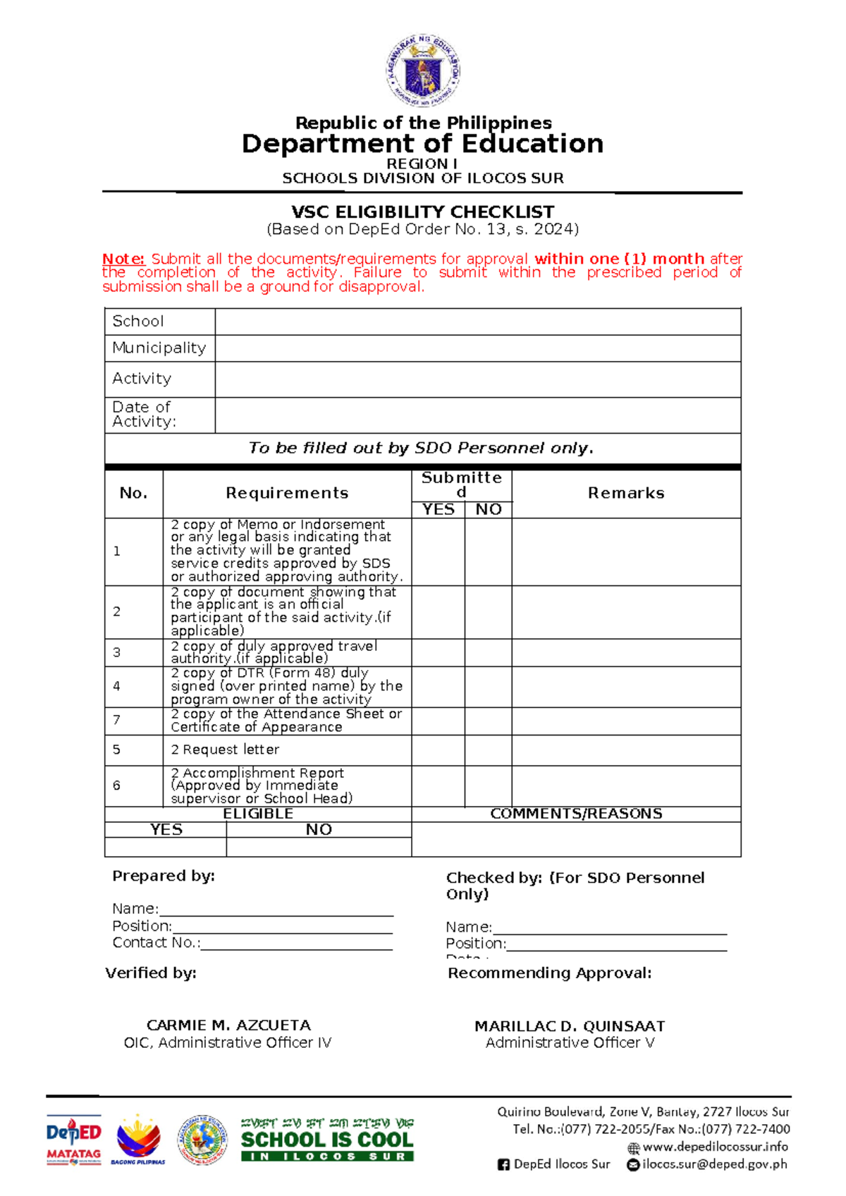 Updated VSC Eligibility Checklist (DepEd Order No. 13, s. 2024) - Studocu
