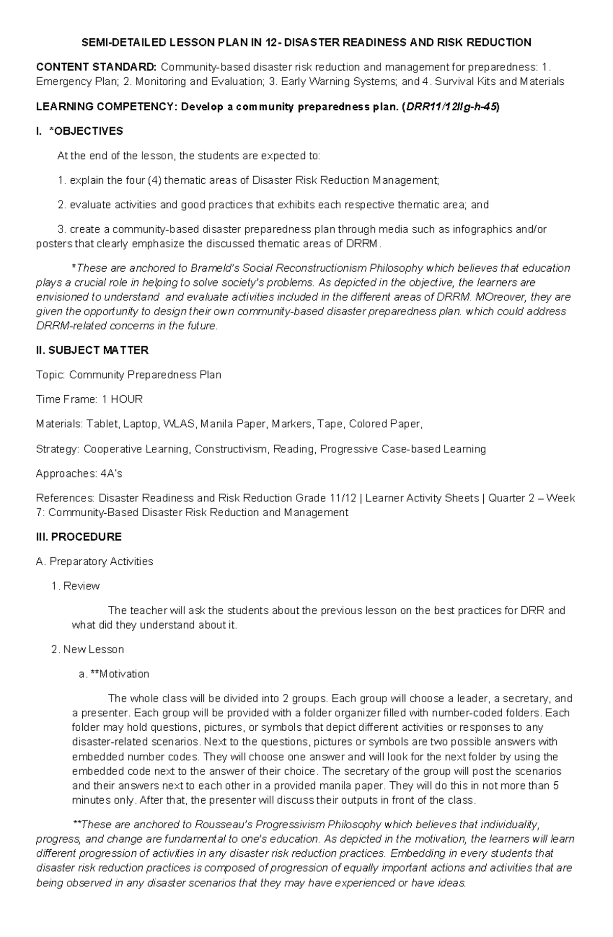 589464892 Semi-Detailed Lesson Plan on DRRM for Grade 11/12 - Studocu