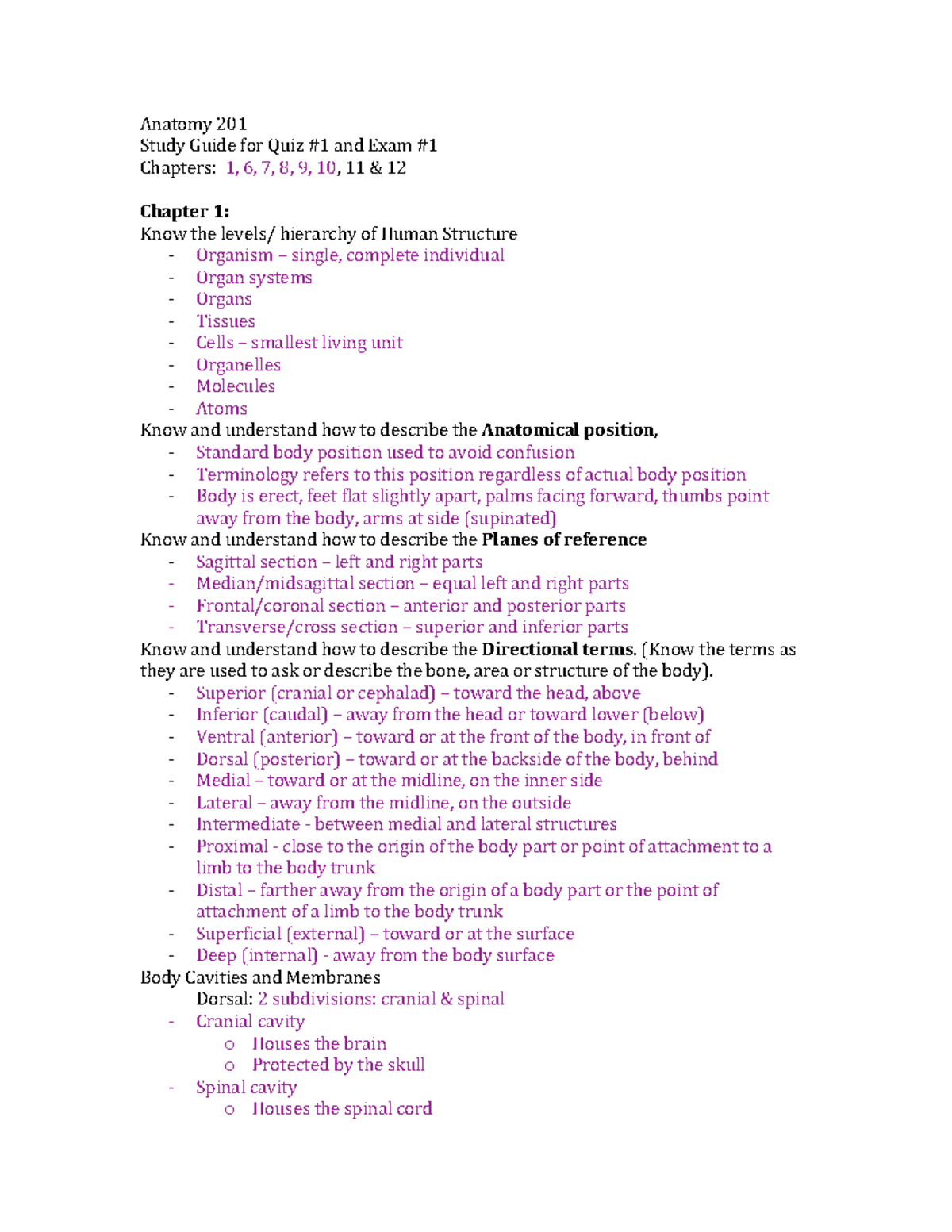 Anatomy 201 Study Guide for Quiz #1 and Exam #1 (Chapters 1-12) - Studocu