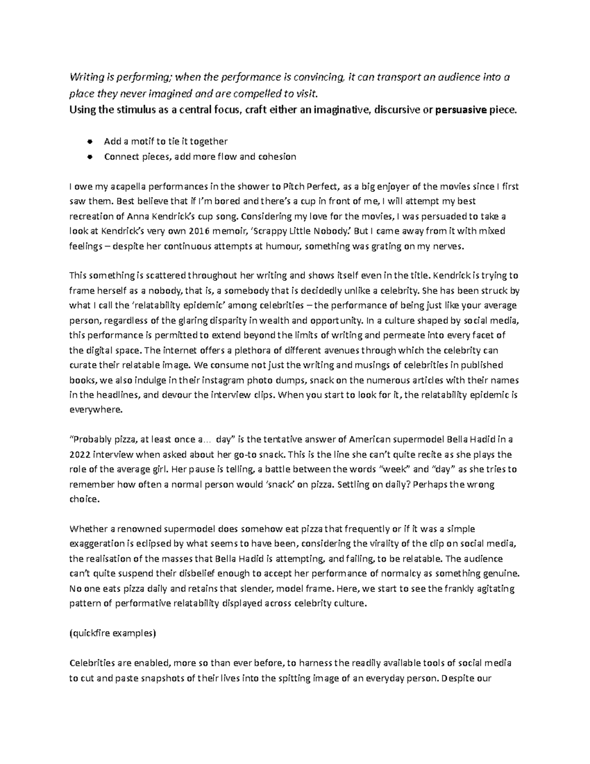 ENG 201: Persuasive Writing on Celebrity Relatability and Performance ...