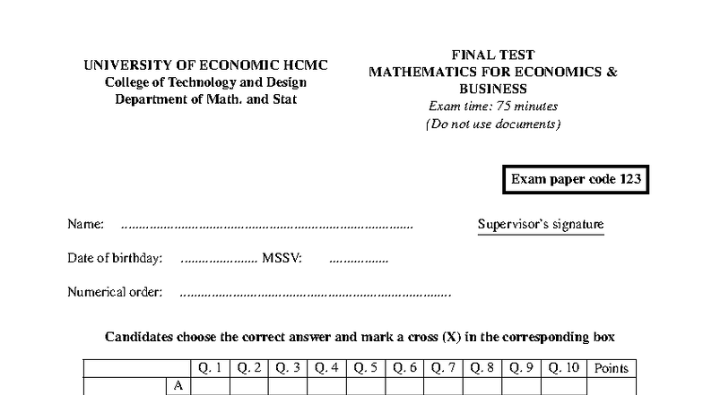 FINAL EXAM MATH FOR ECONOMICS (CODE 123) - HCMC University - Studocu
