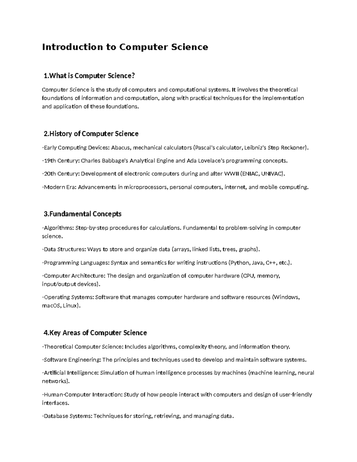 Introductory Lecture - Summary Introduction to Computer Science ...