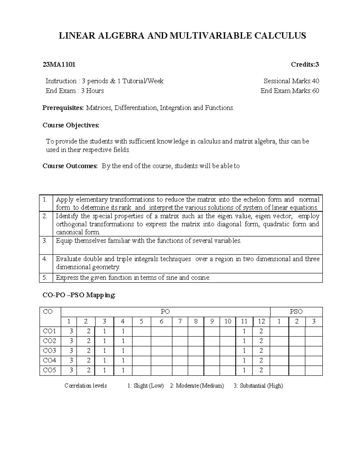 Linear Algebra & Multivariable Calculus Syllabus 23MA1101 - Studocu