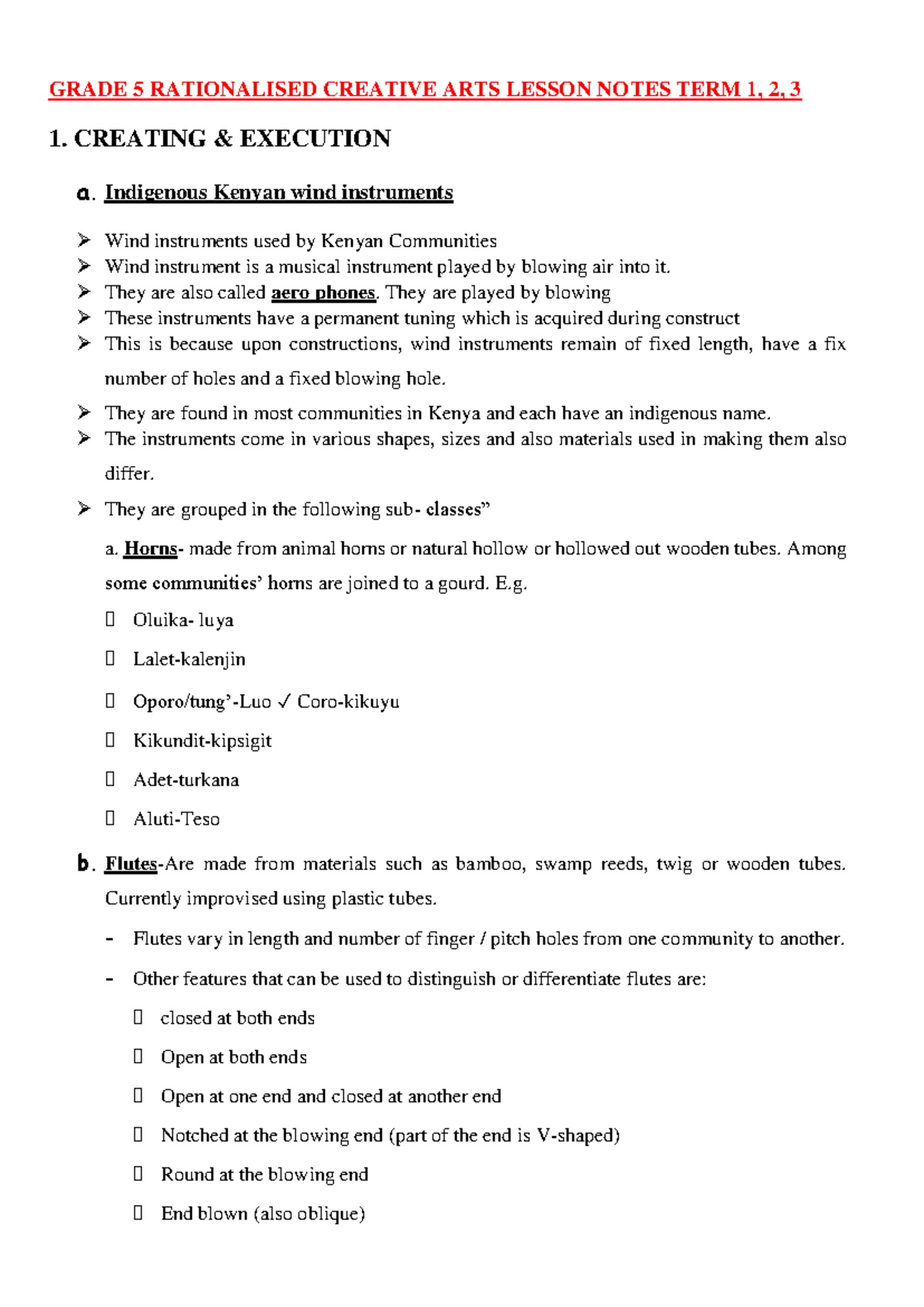 Grade 5 Creative Arts Lesson Notes: Term 1 to 3 Overview - Studocu