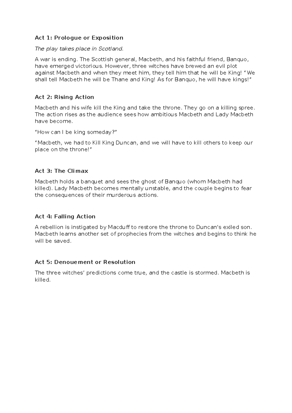 Five Act Structure Analysis of Macbeth (ENG 101) - Studocu