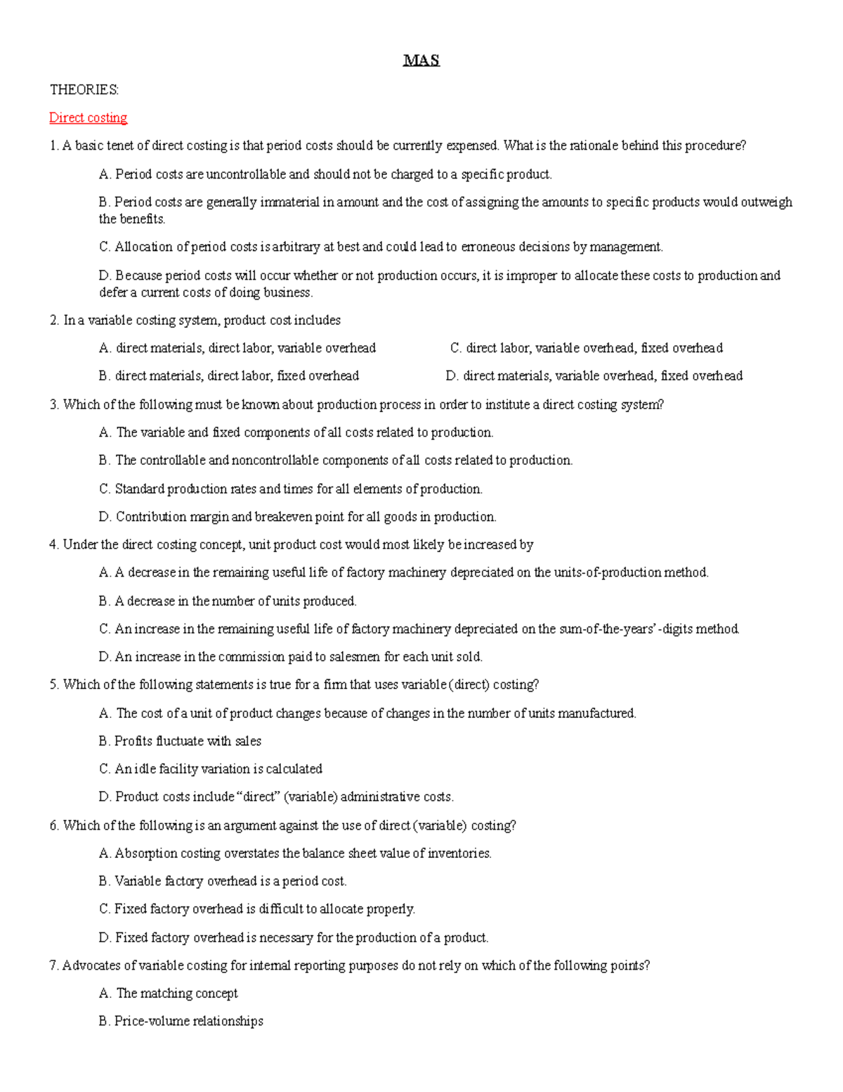 MAS exam reviewer 2022 - MAS THEORIES: Direct costing A basic tenet of ...
