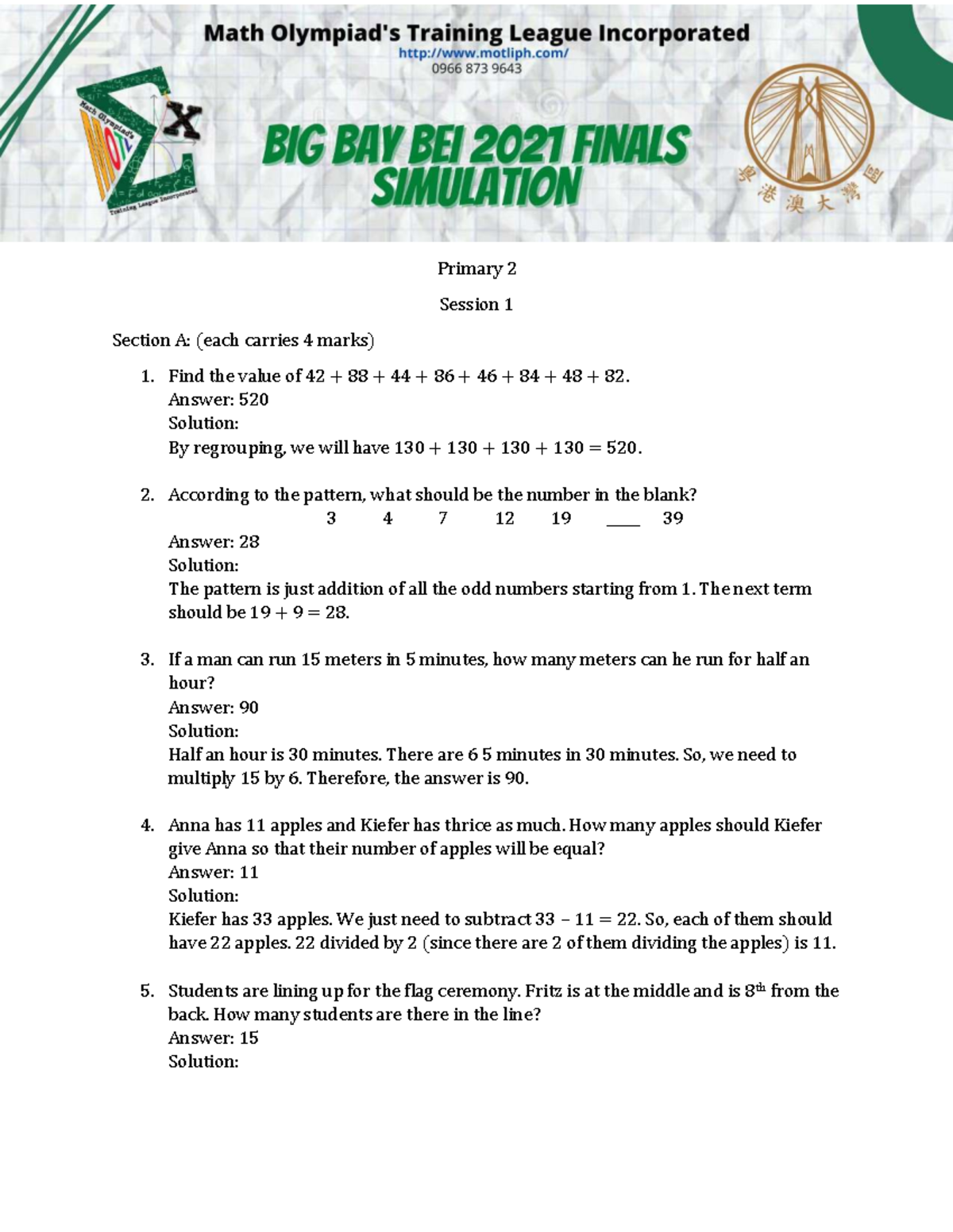 BBB 2021 Finals Primary 2 Math Set 1 Solutions - Studocu