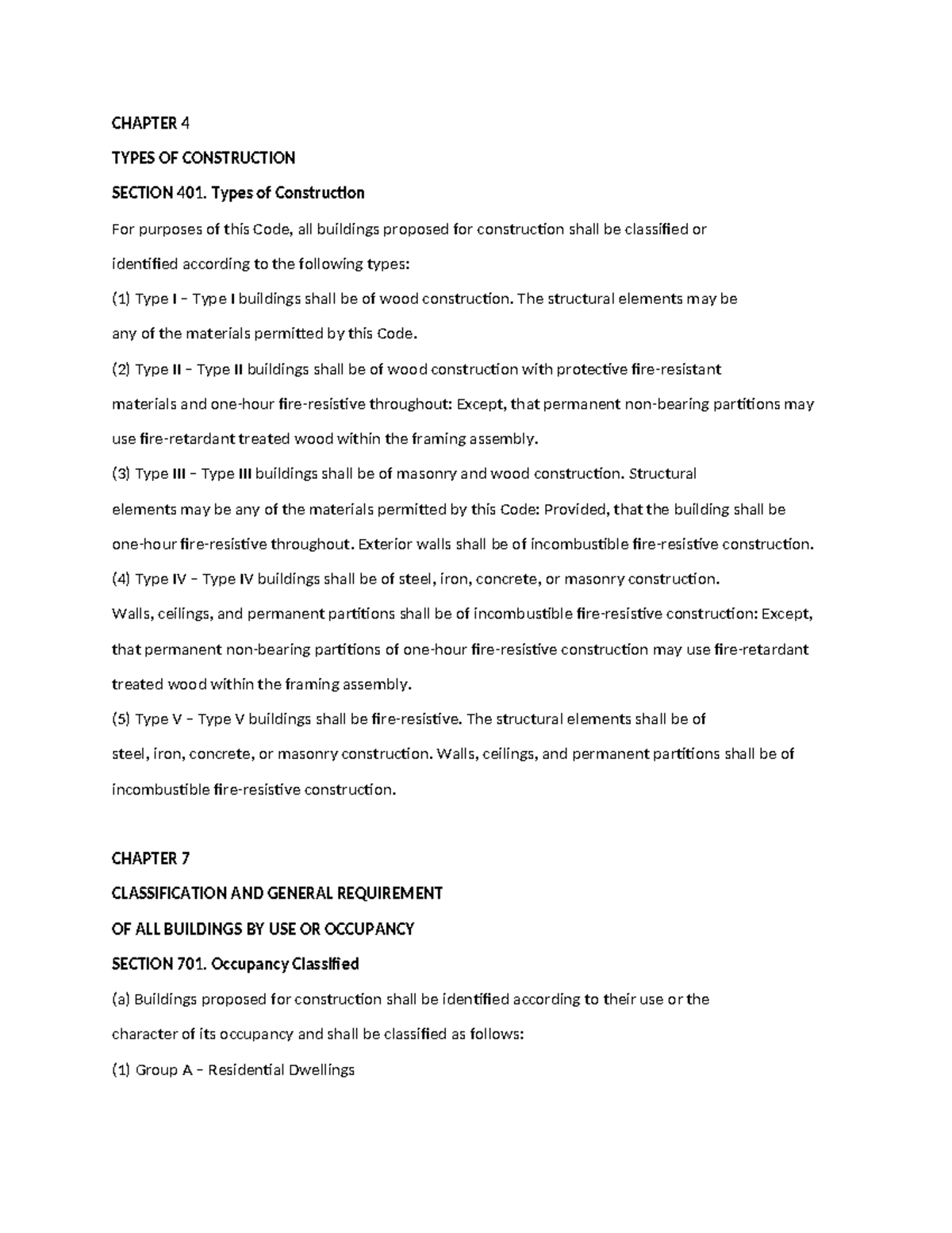 National Building Code: Types of Construction & Requirements - Studocu