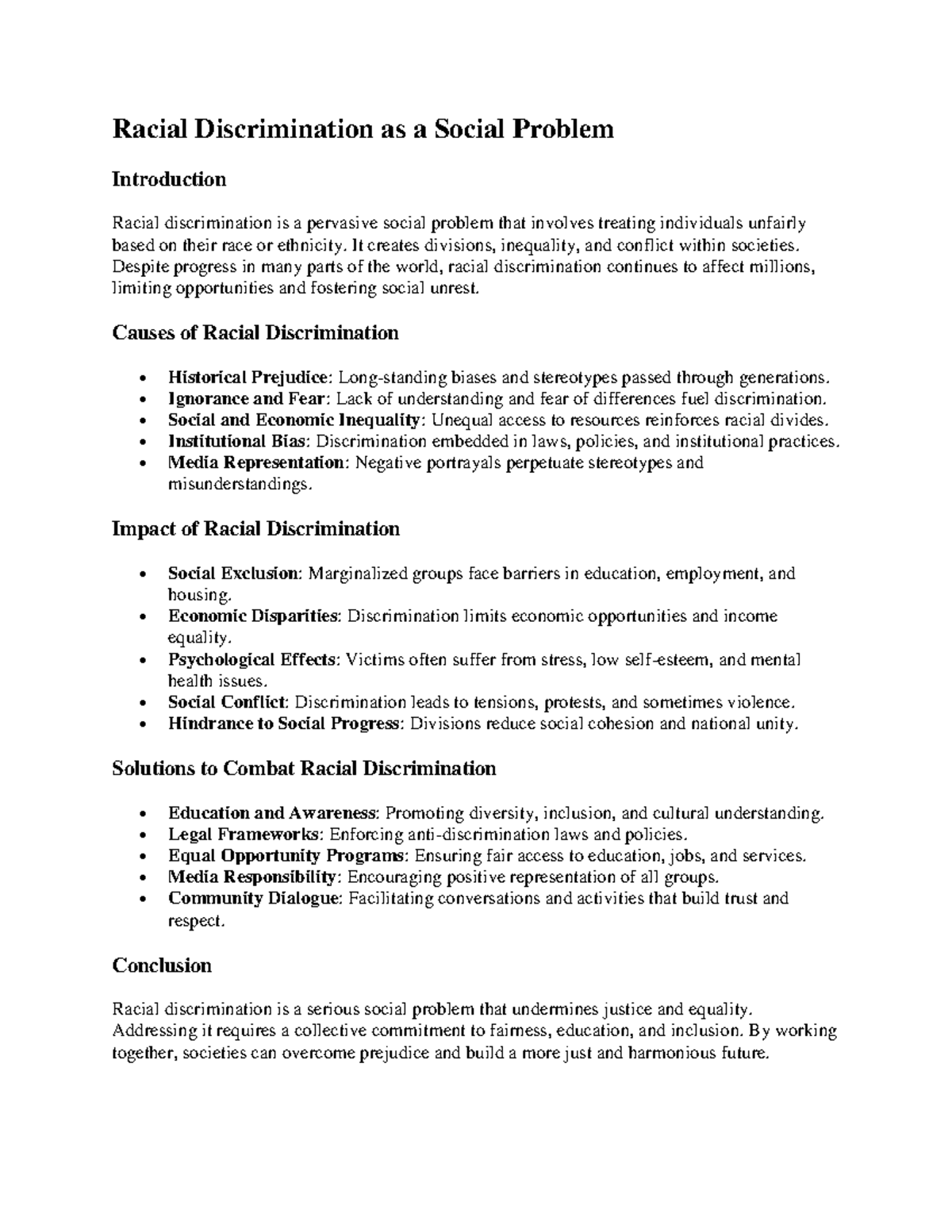 R-16 Final Exam: Racial Discrimination as a Social Problem Analysis ...