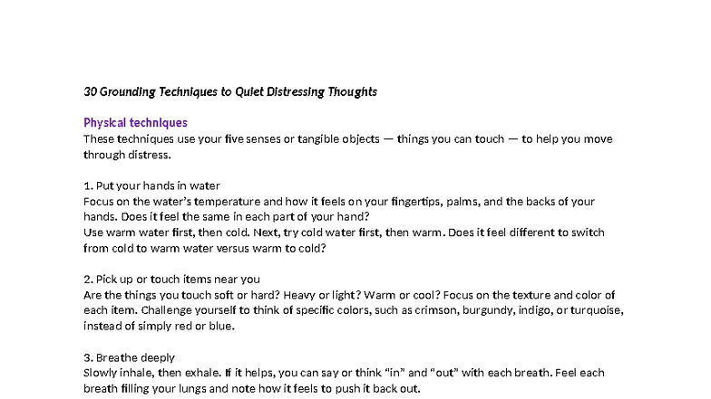 30 Grounding Techniques to Manage Distressing Thoughts - Studocu