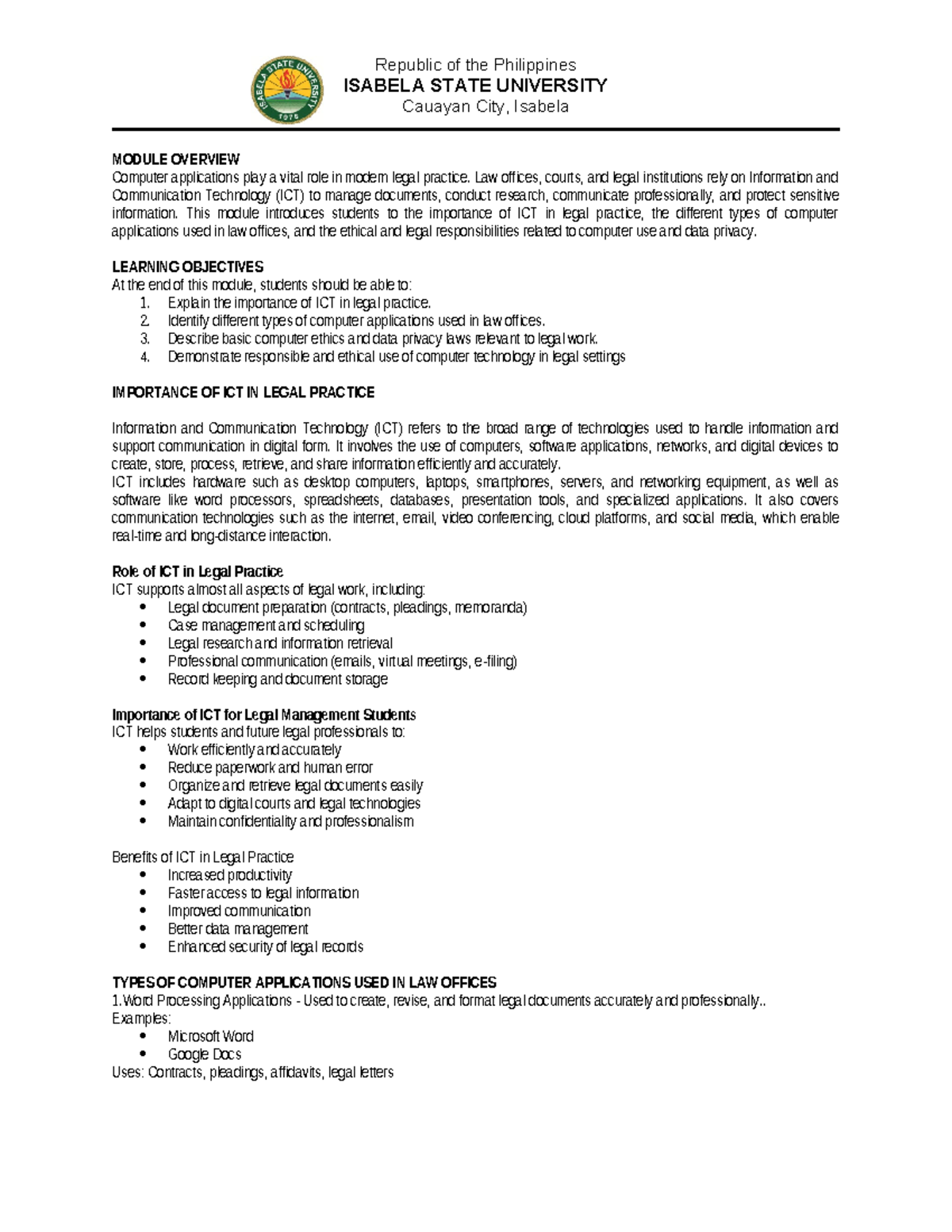 ISABELA STATE UNIVERSITY: Module Overview on ICT in Legal Practice ...