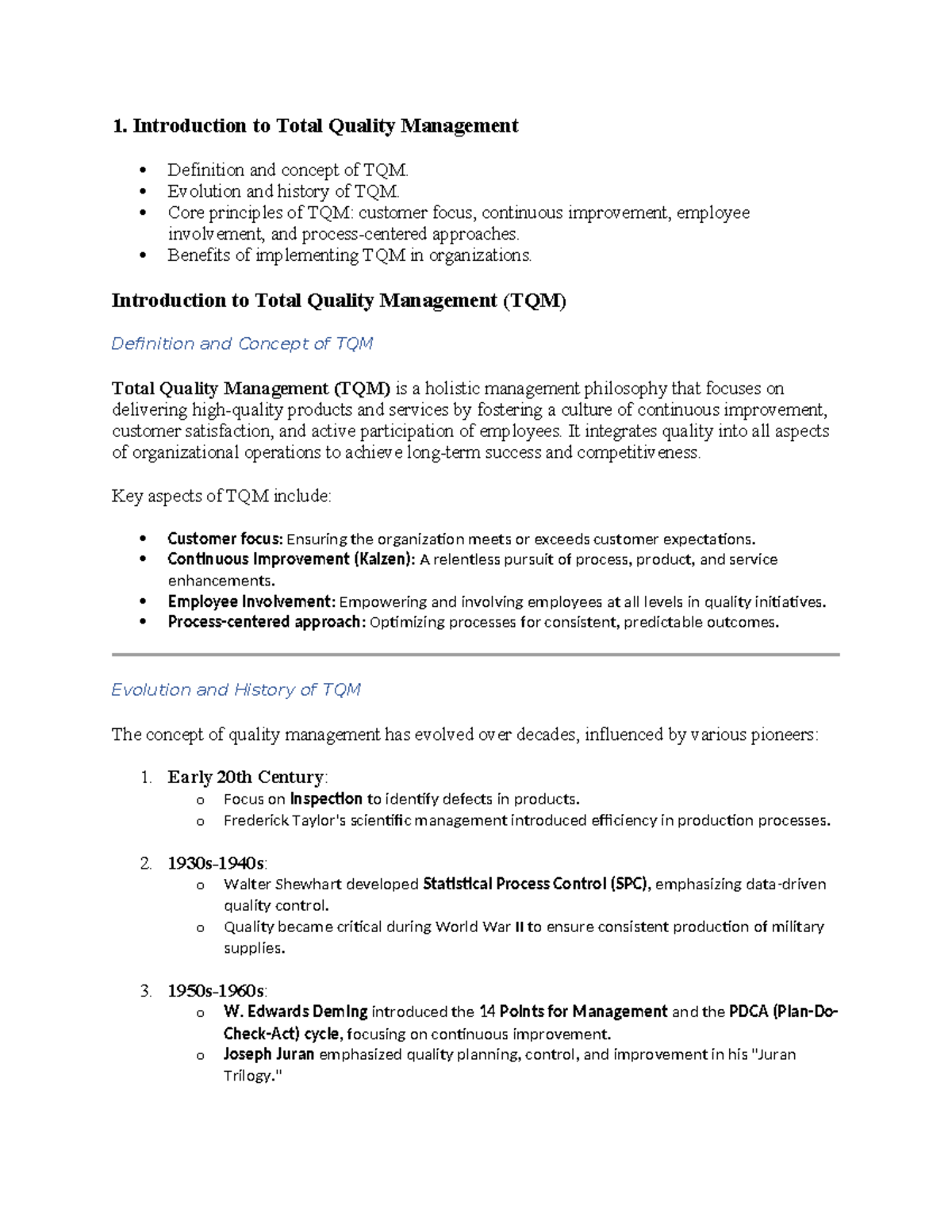 TQM 2025 - TOTAL QUALITY MANAGEMENT - 1. Introduction to Total Quality Management Definition and ...