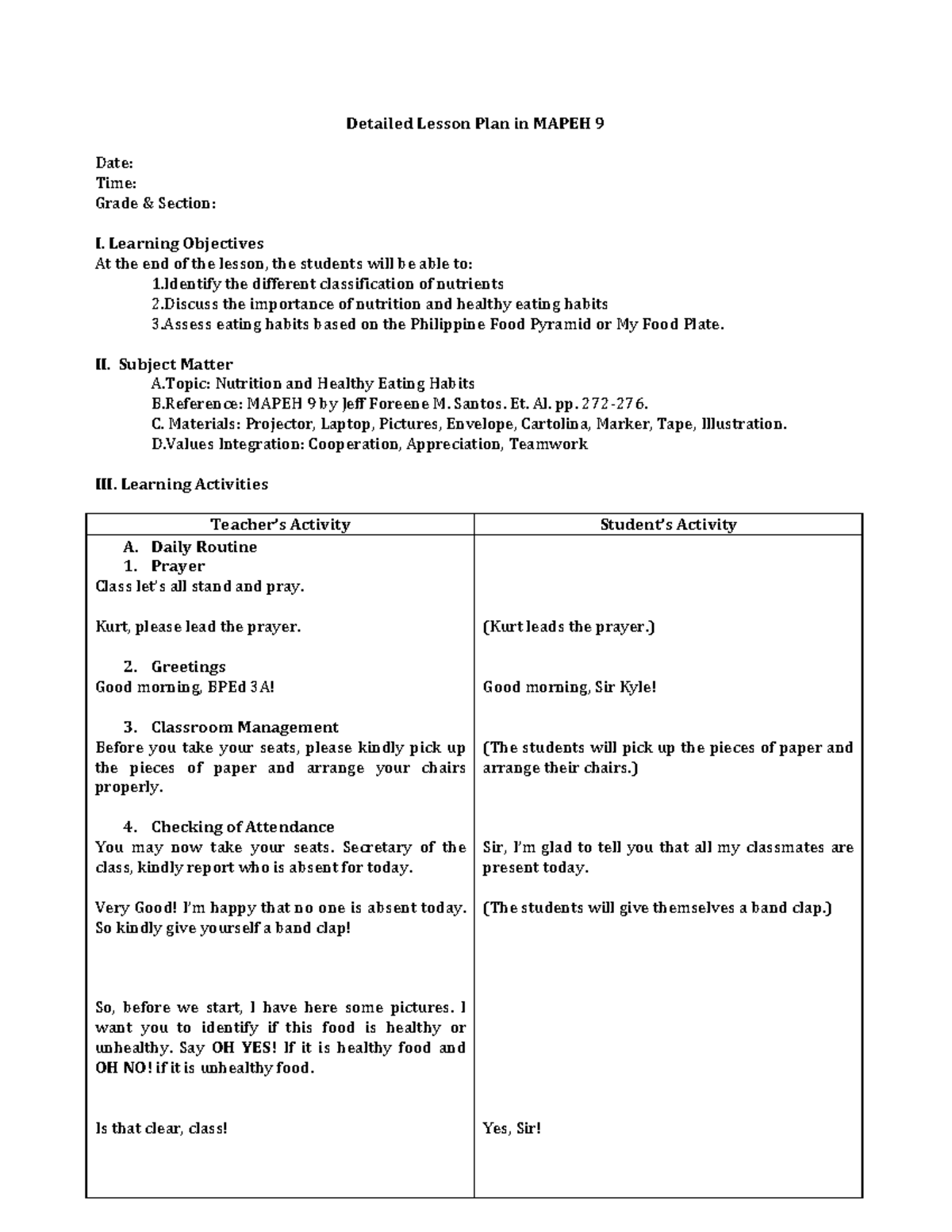 MAPEH 9 Nutrition Education Detailed Lesson Plan (DLP) - Studocu