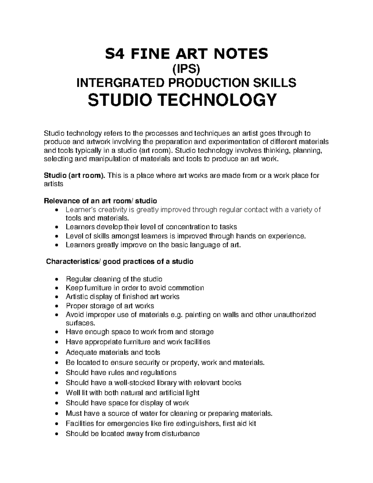 S4 ART Studio Tech & Crafts Notes: Integrated Production Skills - Studocu