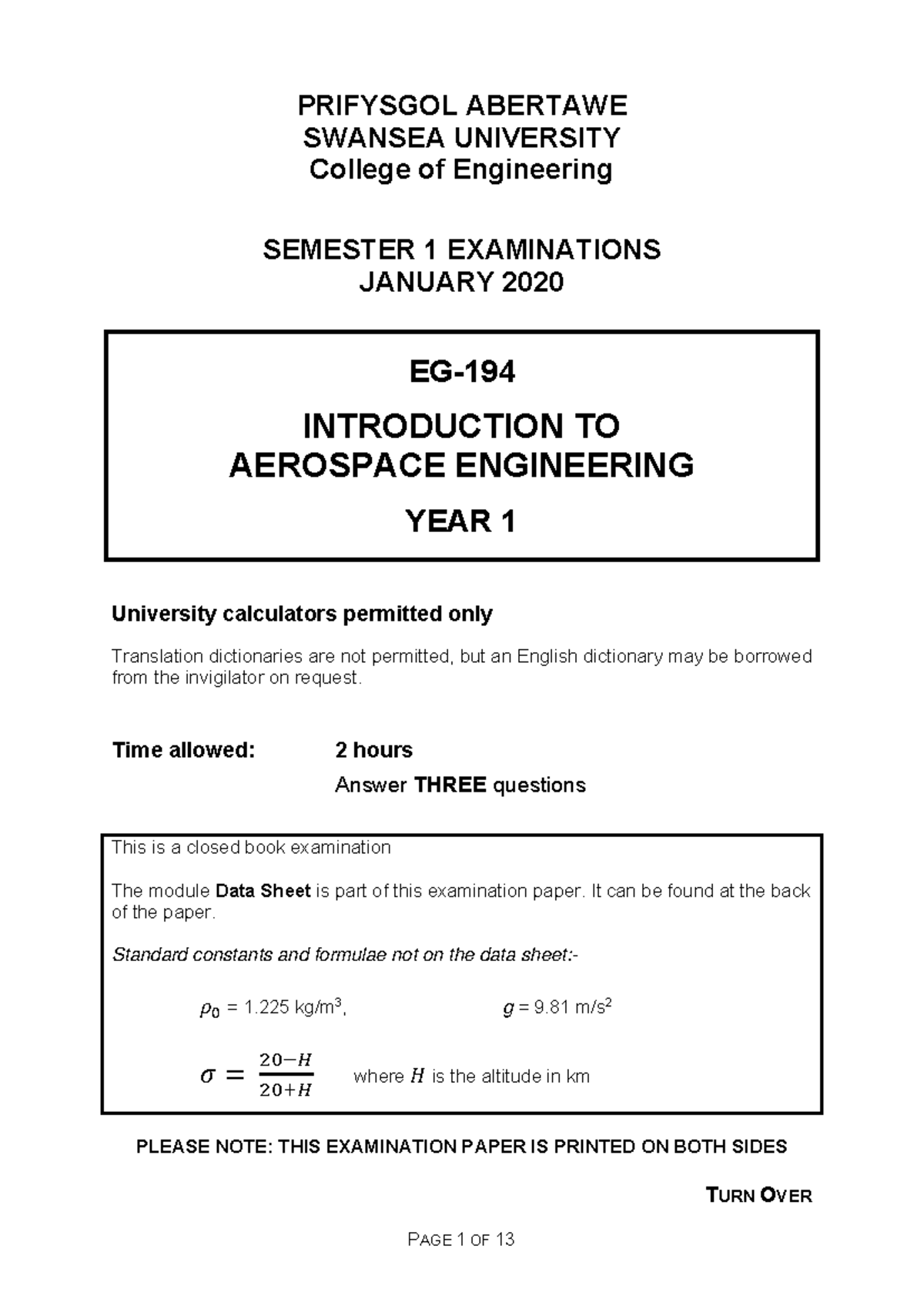 EG-194 Introduction to Aerospace Engineering Final Exam January 2020 ...