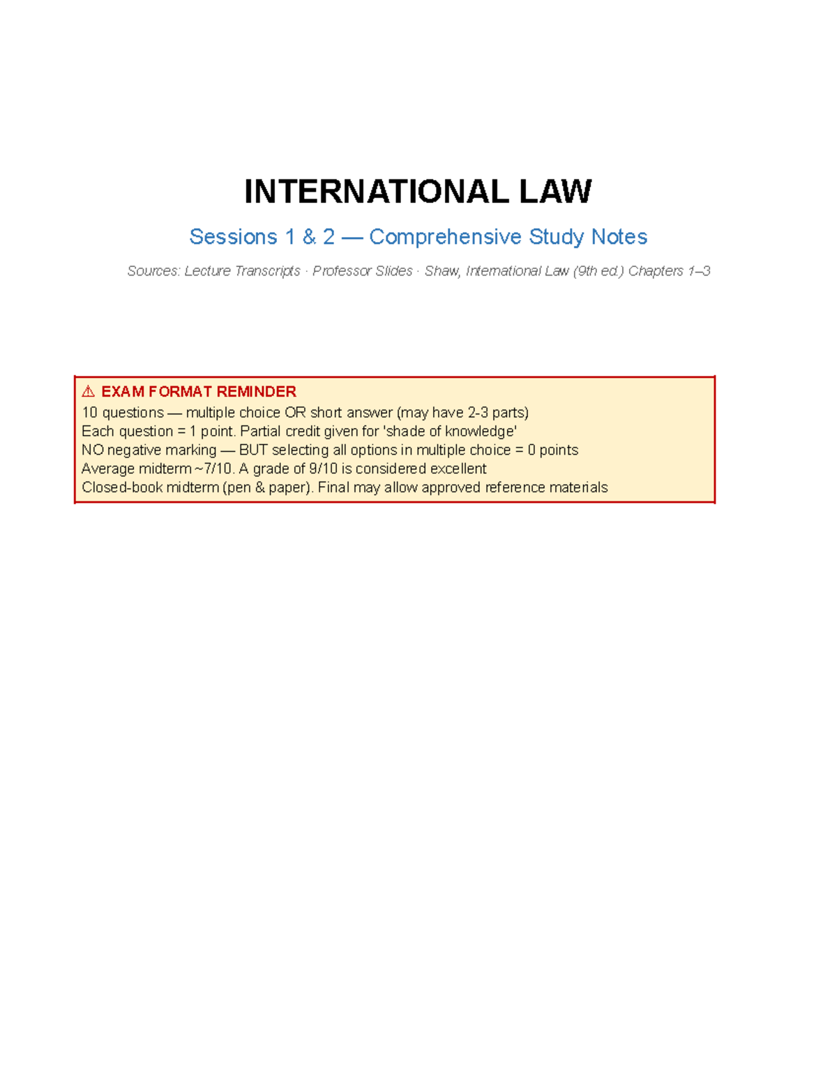 INTL LAW 101: Comprehensive Study Notes for Sessions 1 & 2 - Studocu