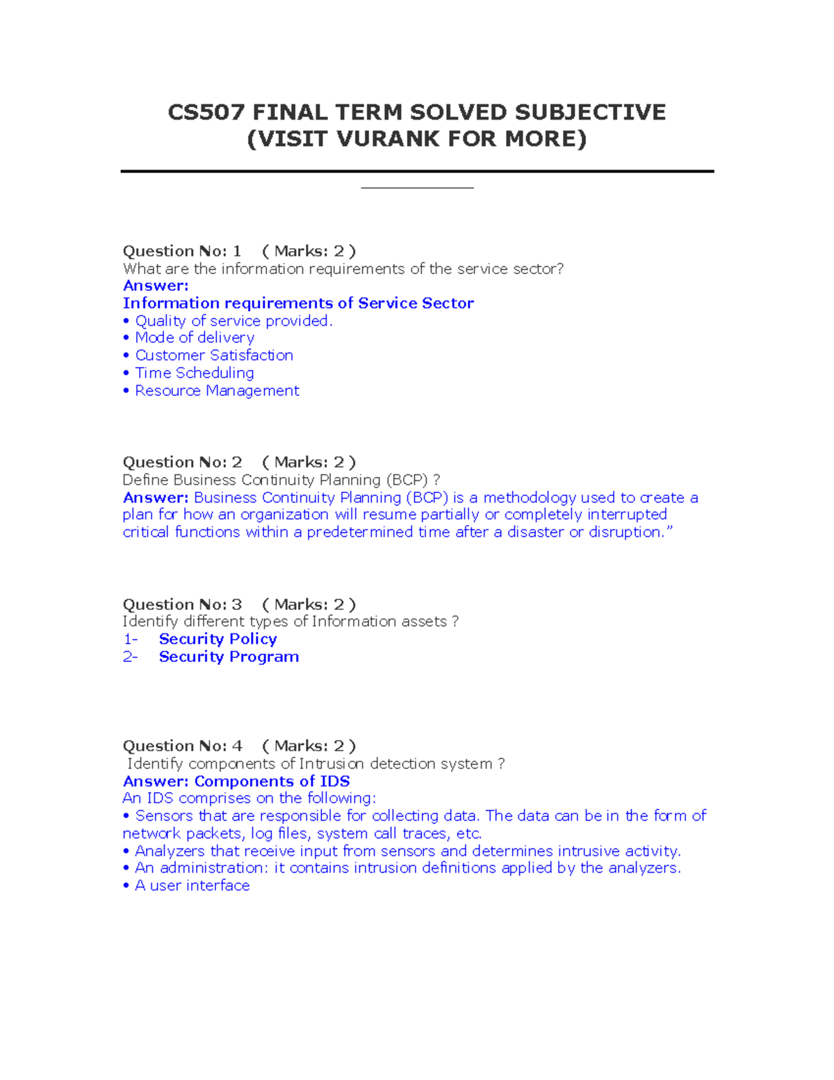 CS507 Final Term Solved Subjective Questions & Answers - Studocu