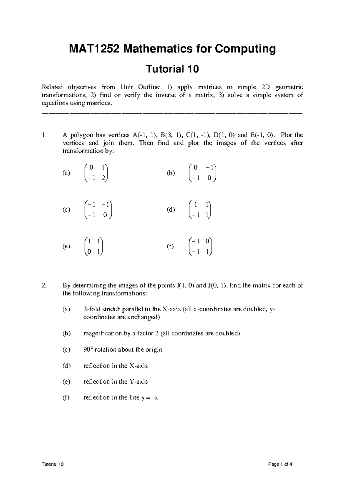 MAT1252 Tutorial 10: Matrices and 2D Geometric Transformations - Studocu