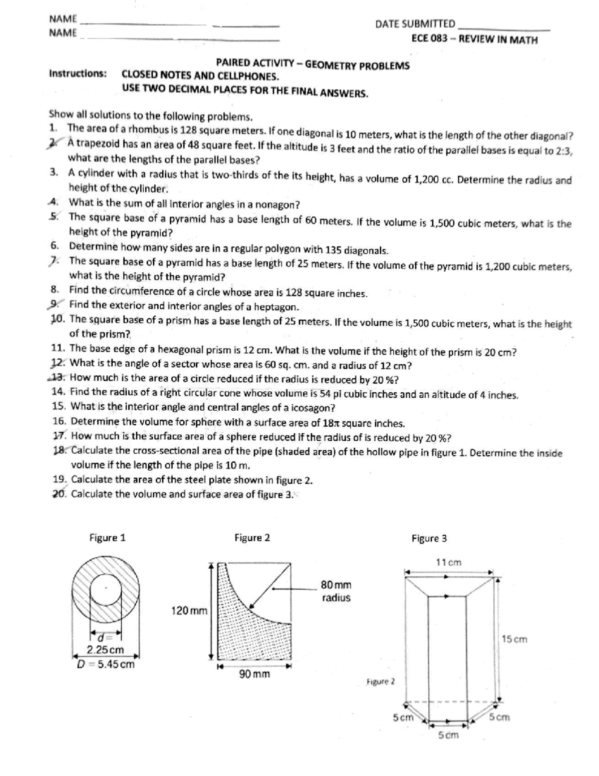 ECE 083 A - ECE 083 - NAME DATE SUBMITTED NAME ECE 083 REVIEW IN MATH ...