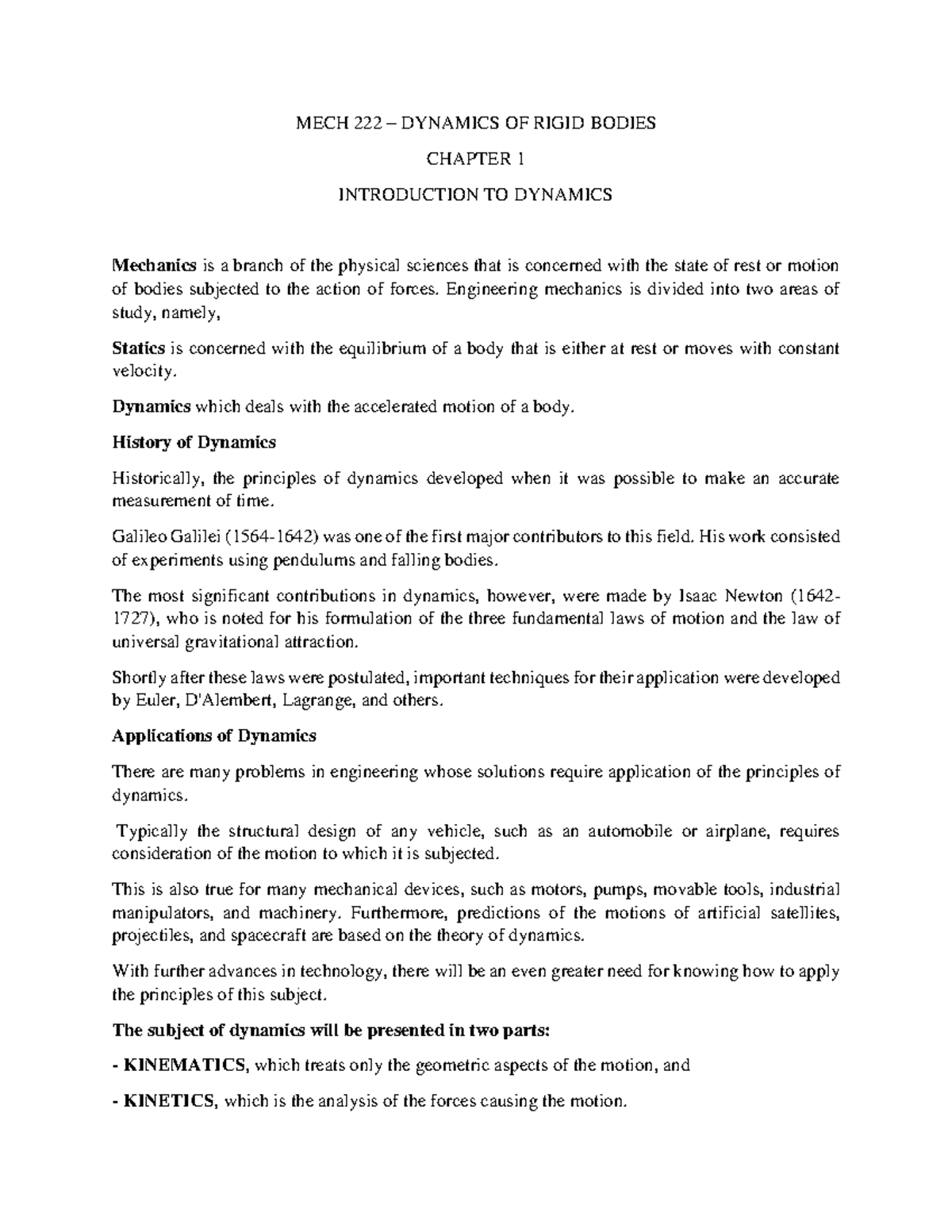 MECH-222- Chapter-1- Introduction-TO- Dynamics - MECH 222 – DYNAMICS OF RIGID BODIES CHAPTER 1 ...