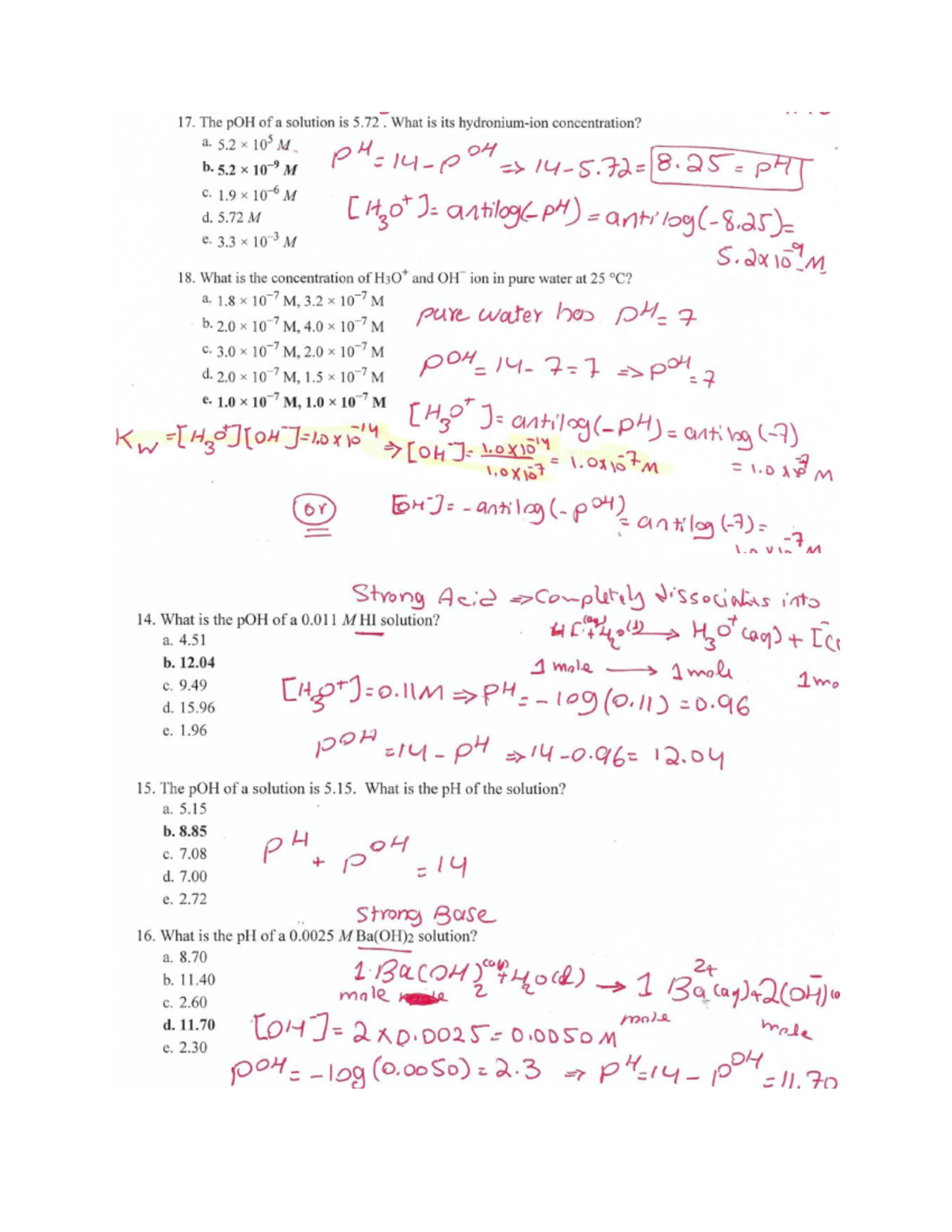HW Ch 15, Key - pOH and pH Concentration Calculations - Studocu