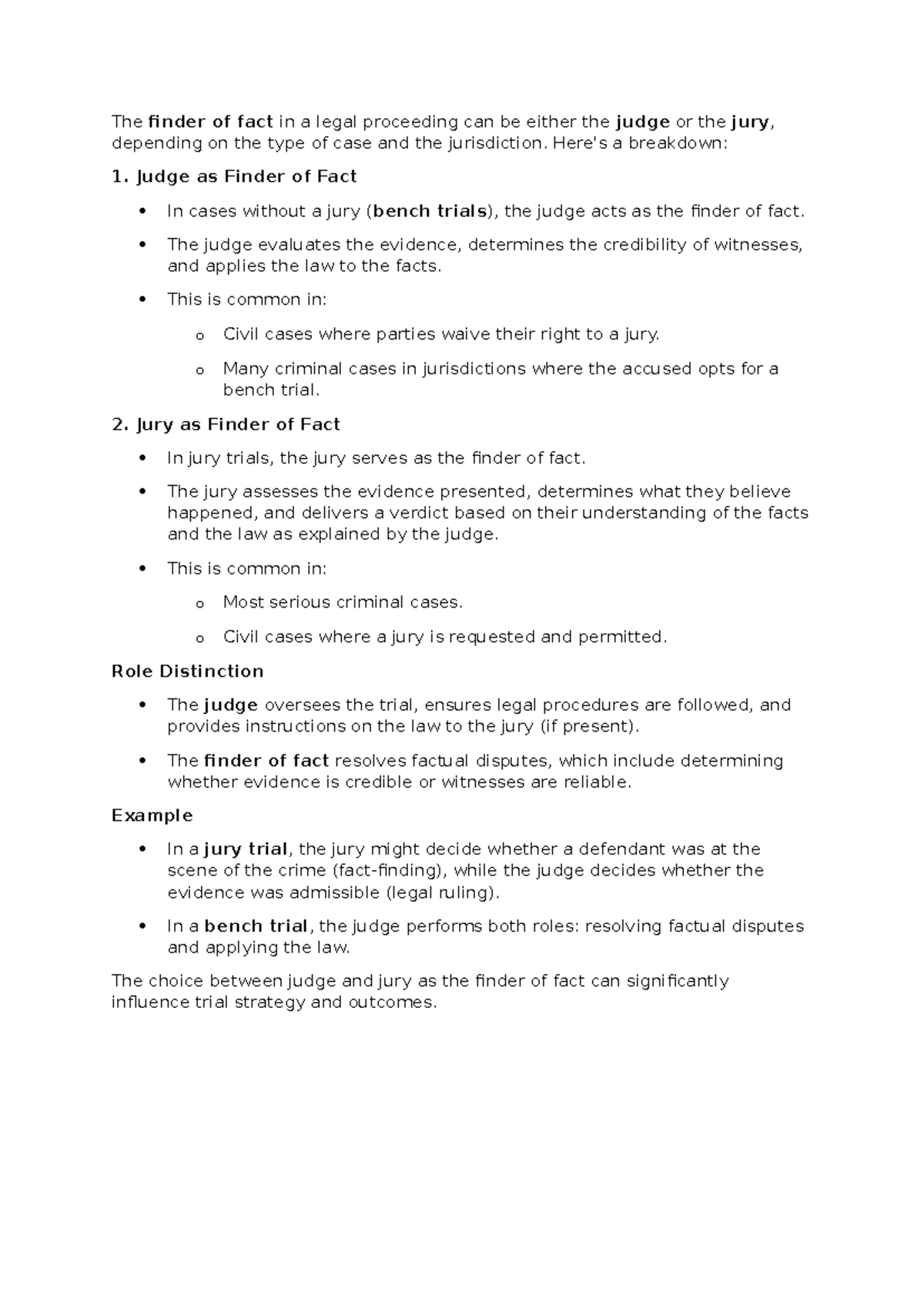 Finder of Fact: Role of Judge & Jury in Evidence Law Analysis - Studocu