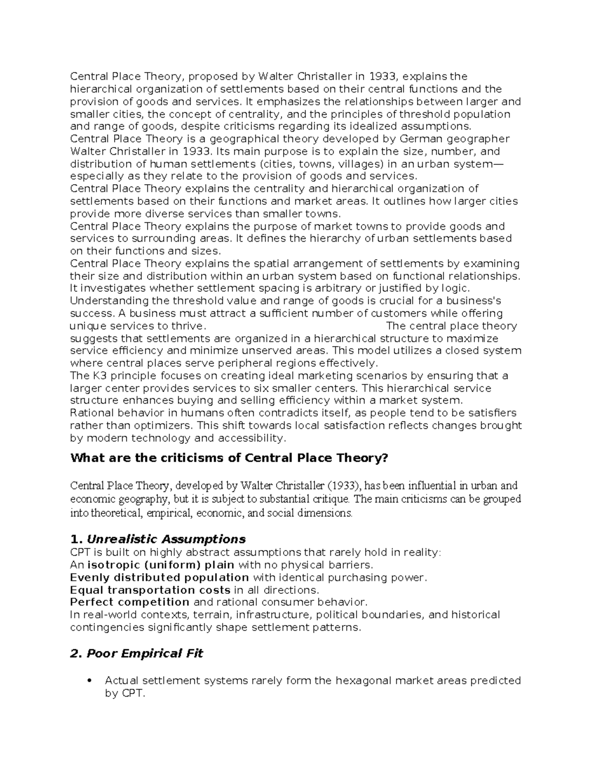 Central Place Theory: Analyzing Rural-Urban Linkages (GEO 101) - Studocu