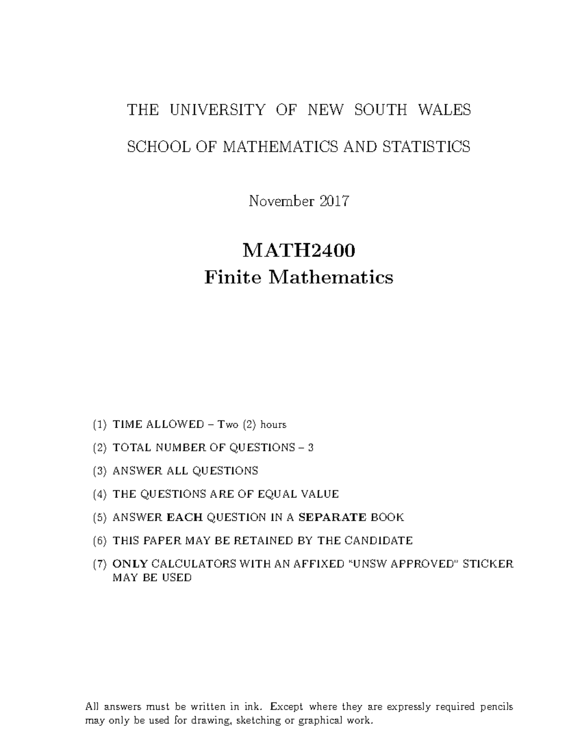 MATH2400 Final Exam 2017 - Finite Mathematics Questions - Studocu