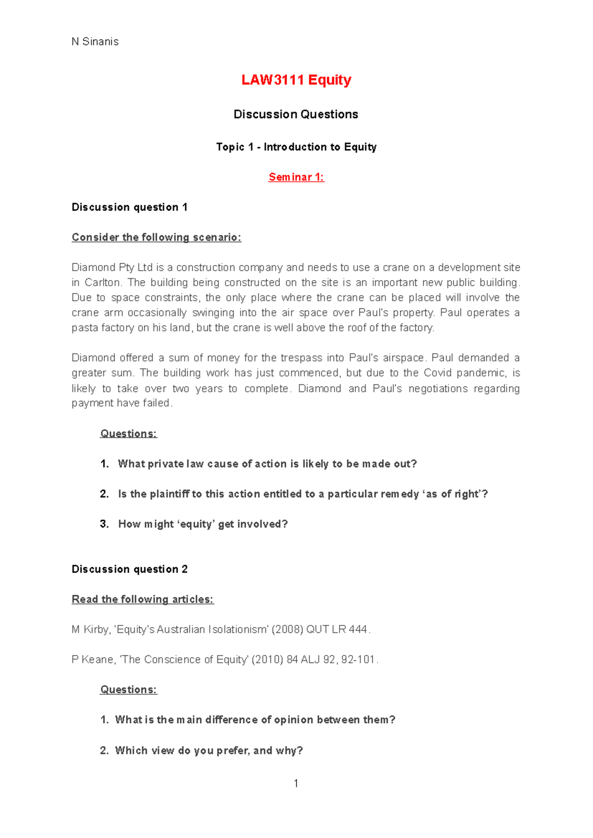 Babovic, Topic 1 - Discussion questions - N Sinanis LAW3111 Equity ...