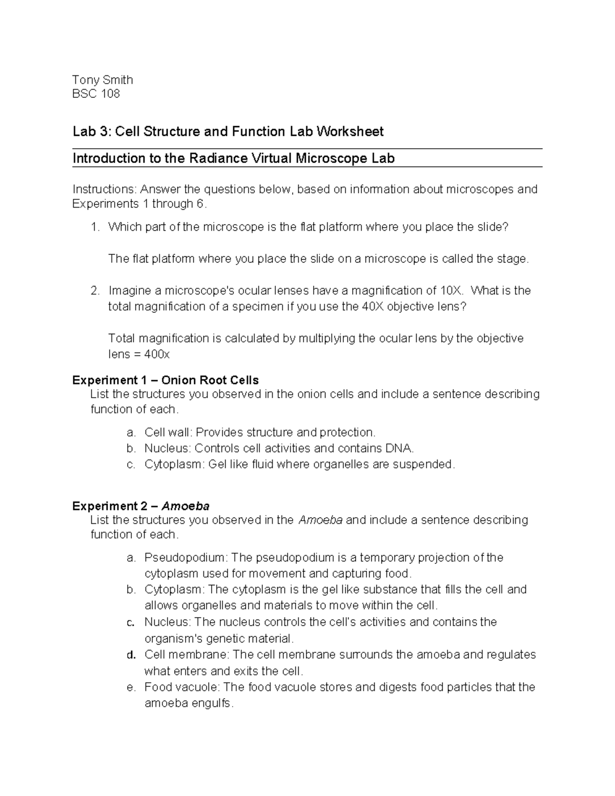 BSC 108 Lab 3: Cell Structure & Function Worksheet - Studocu