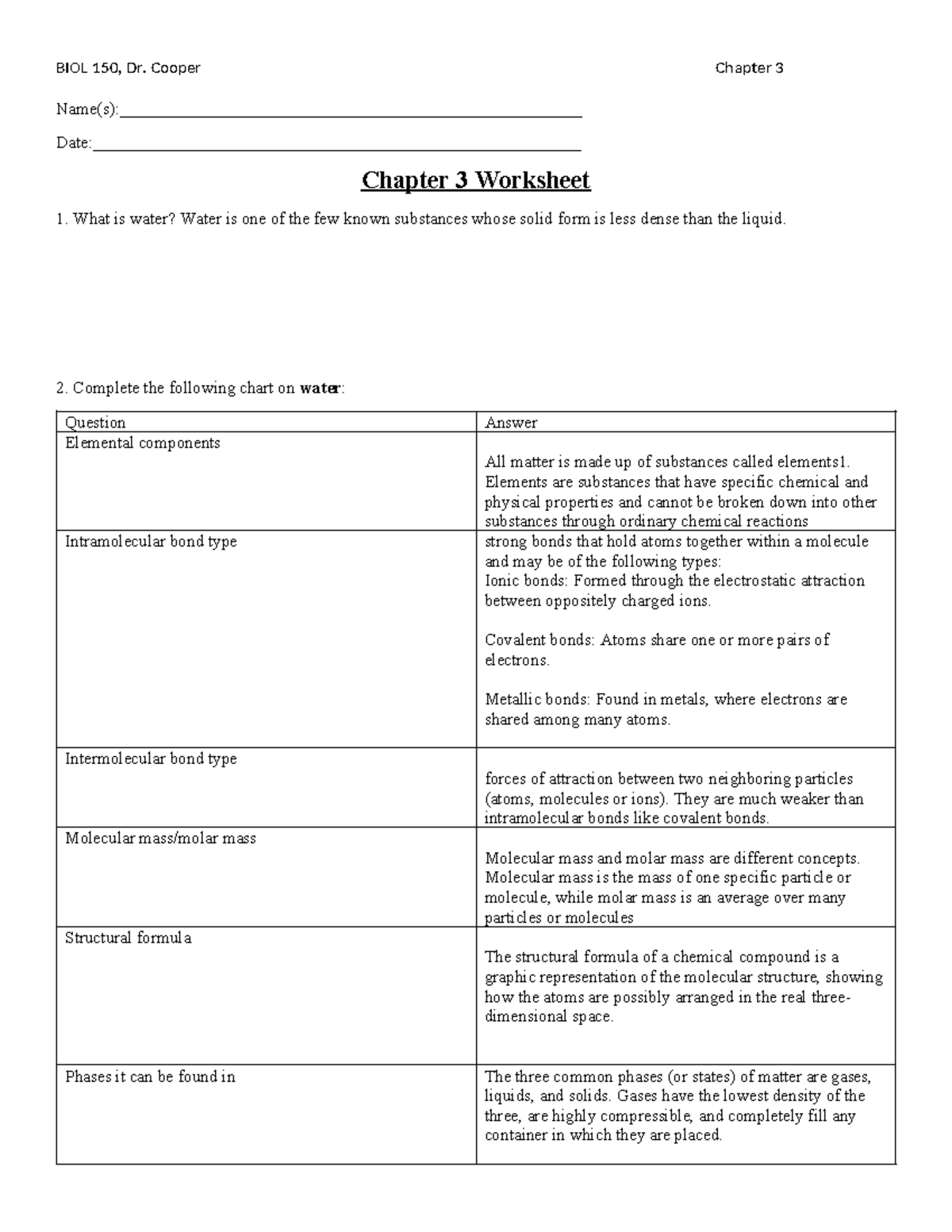 FLIP Chapter 3 Worksheet - Understanding Water Properties and Behavior ...