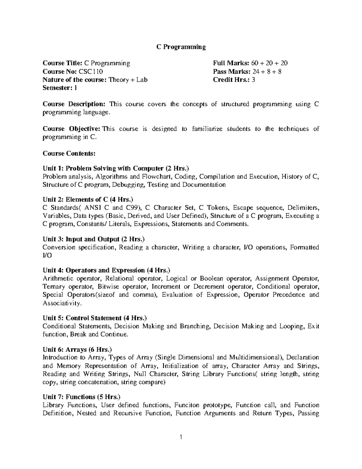 CSC110 C Programming Course Overview and Key Concepts - Studocu