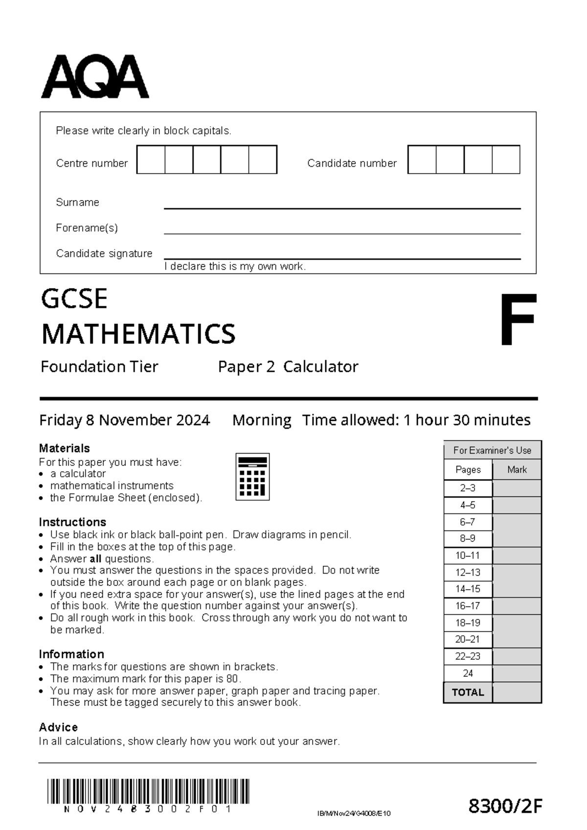 GCSE MATHEMATICS F - Foundation Tier Paper 2 Calculator Nov 2024 - Studocu
