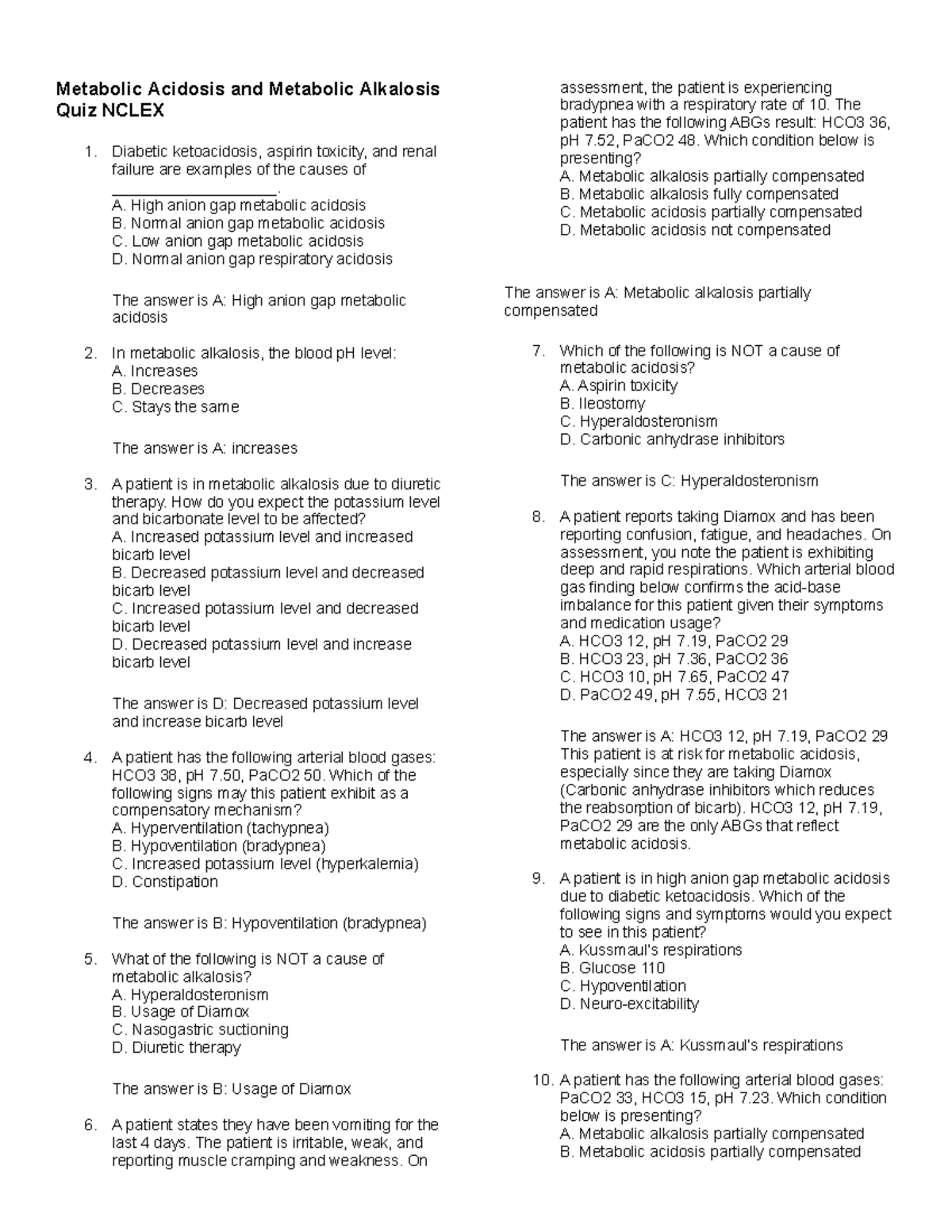 Exam 1 Practice Questions - Metabolic Acidosis and Metabolic Alkalosis ...