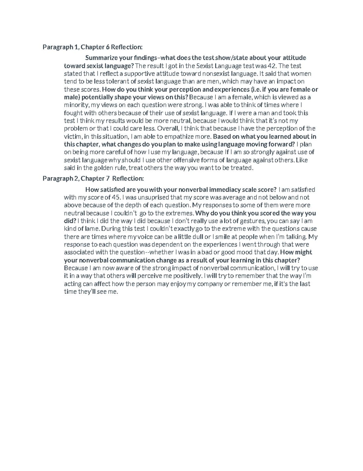 Chapters 6 & 7 Reflection on Language and Nonverbal Communication - Studocu